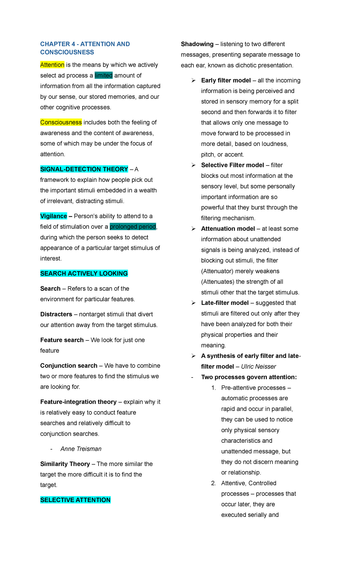 Chapter 4 - Note for Cognitive Psychology - CHAPTER 4 - ATTENTION AND ...