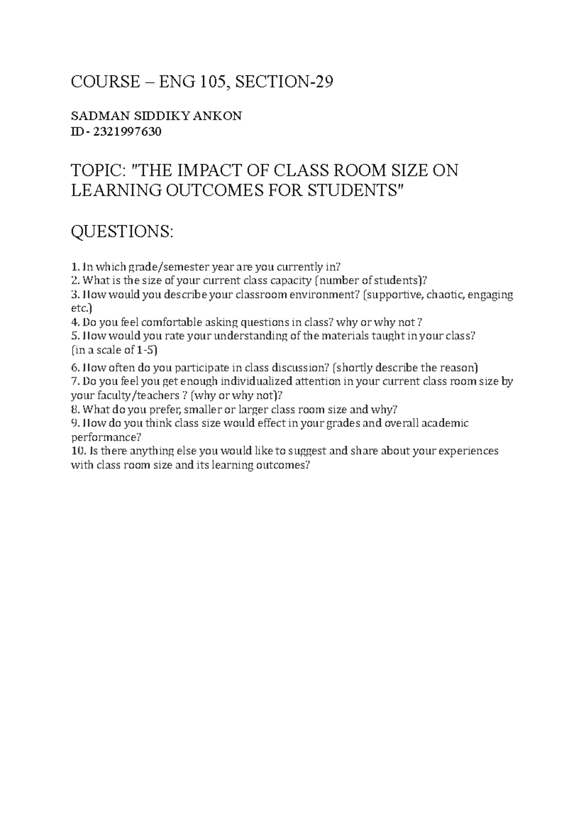 Questions FOR Research Paper - COURSE – ENG 105, SECTION- 29 SADMAN ...