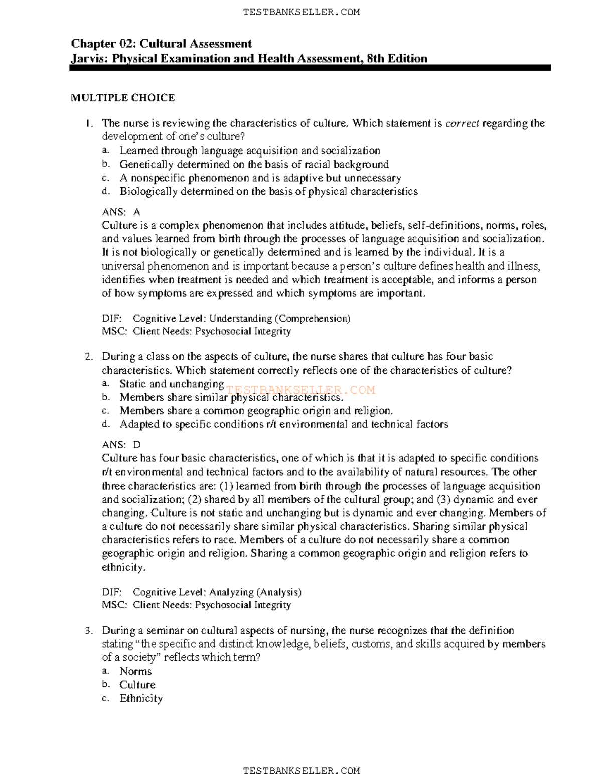 02 - NOTES - TESTBANKSELLER Chapter 02: Cultural Assessment Jarvis ...