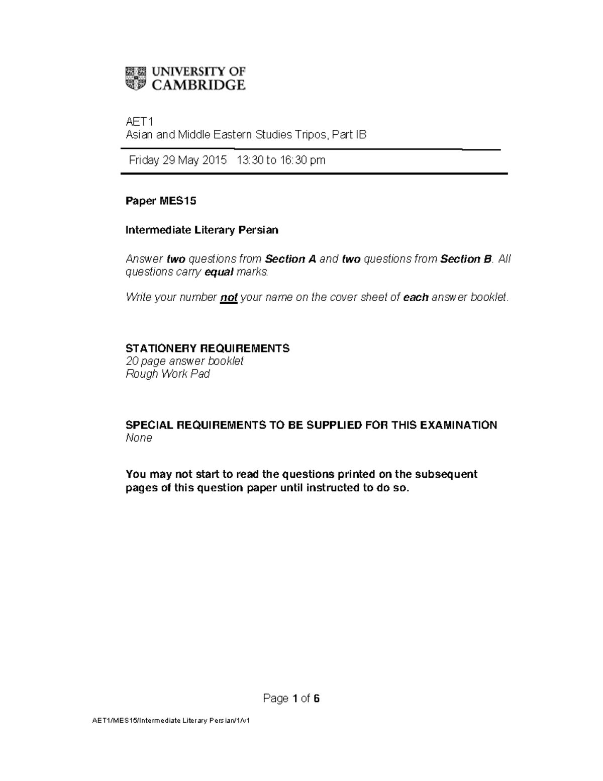 Exam 2015, questions - AET1 Asian and Middle Eastern Studies Tripos ...