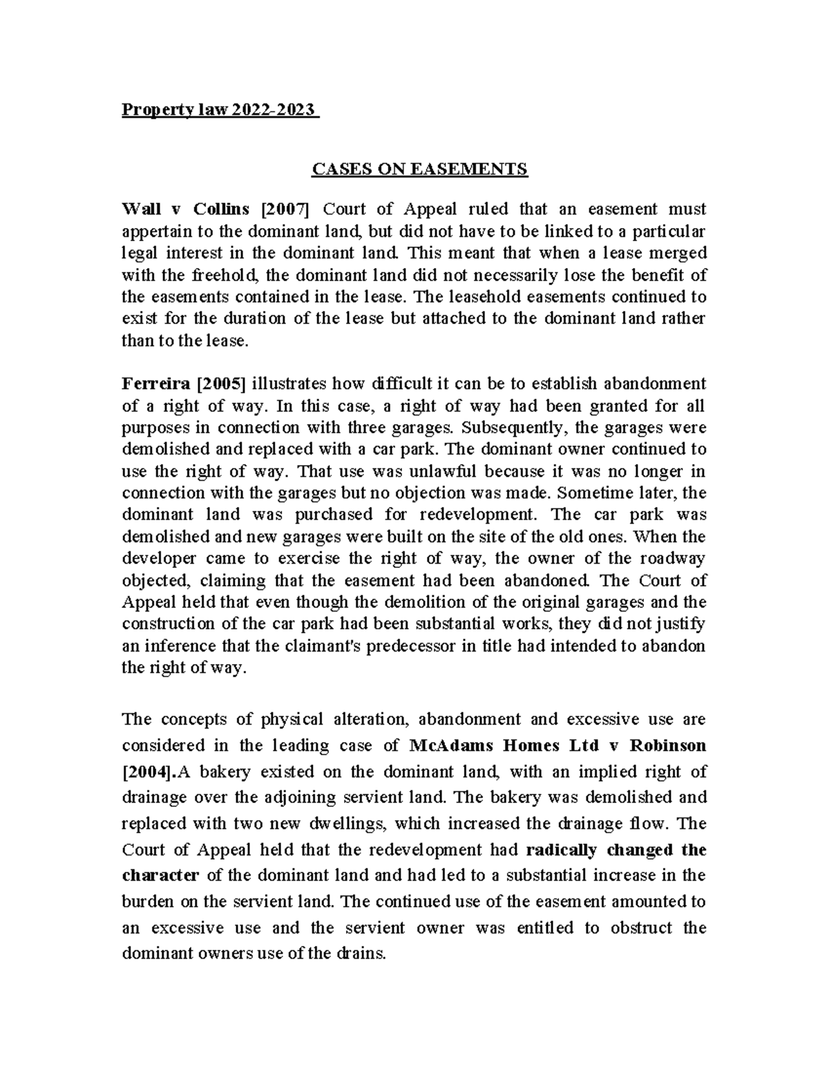 Cases on easements - imp - Property law 2022- CASES ON EASEMENTS Wall v ...