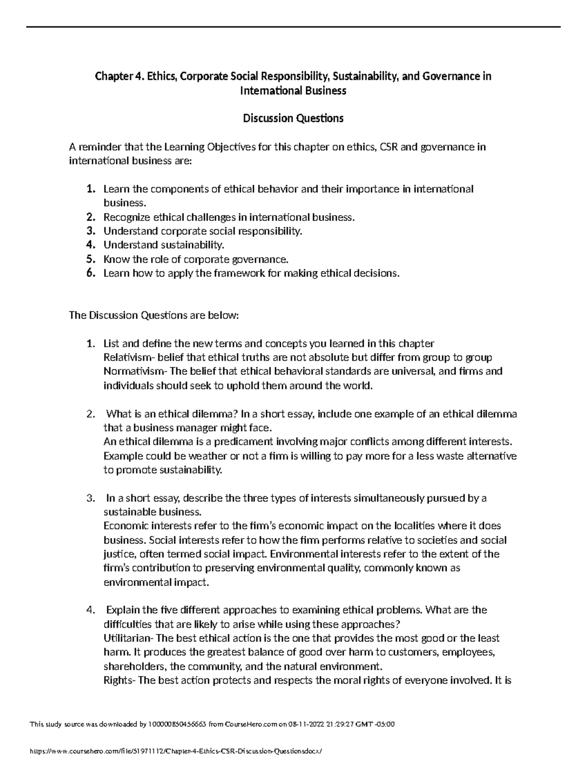 Chapter 4 Ethics CSR Discussion Questions.docx - Chapter 4. Ethics ...