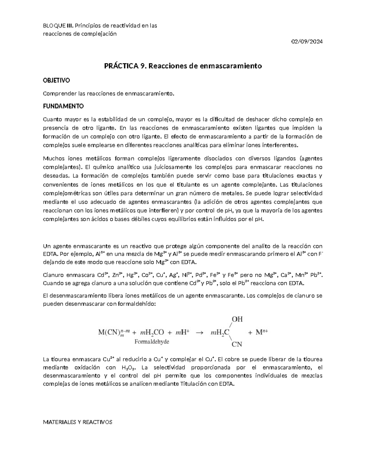 Práctica 9 - Practica 9 - reacciones de complejación 02/09/ PRÁCTICA 9 ...