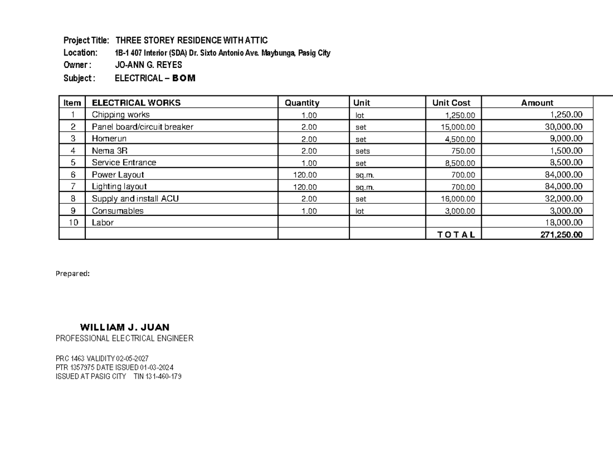 Project Title Electrical BOM - Prepared: WILLIAM J. JUAN PROFESSIONAL ...