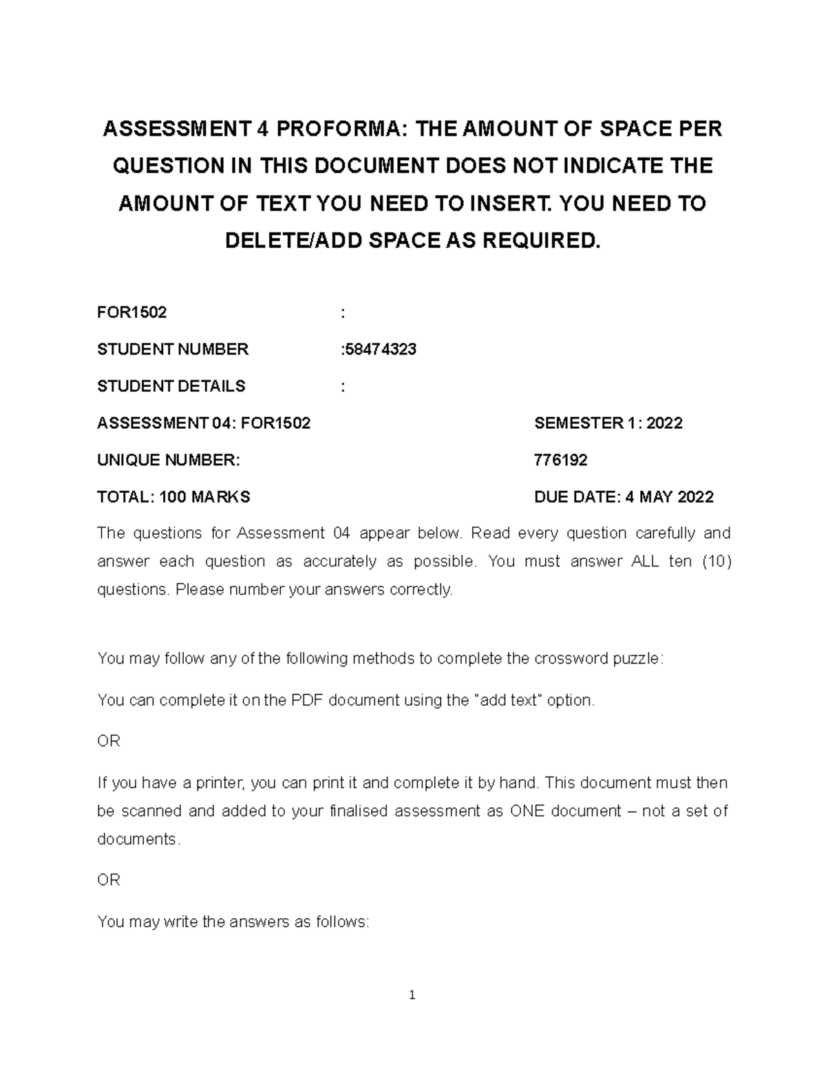 FOR1502 Assessment 04 Proforma 0004 - ASSESSMENT 4 PROFORMA: THE AMOUNT ...