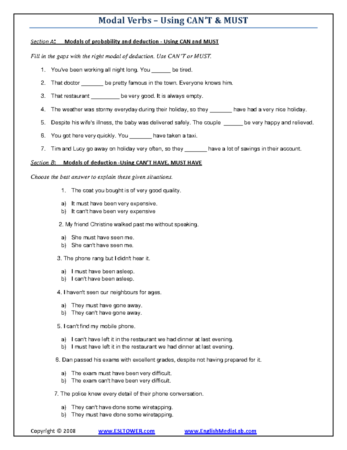 Modals of probability - Using CAN and MUST Quiz - Copyright © 2008 ...