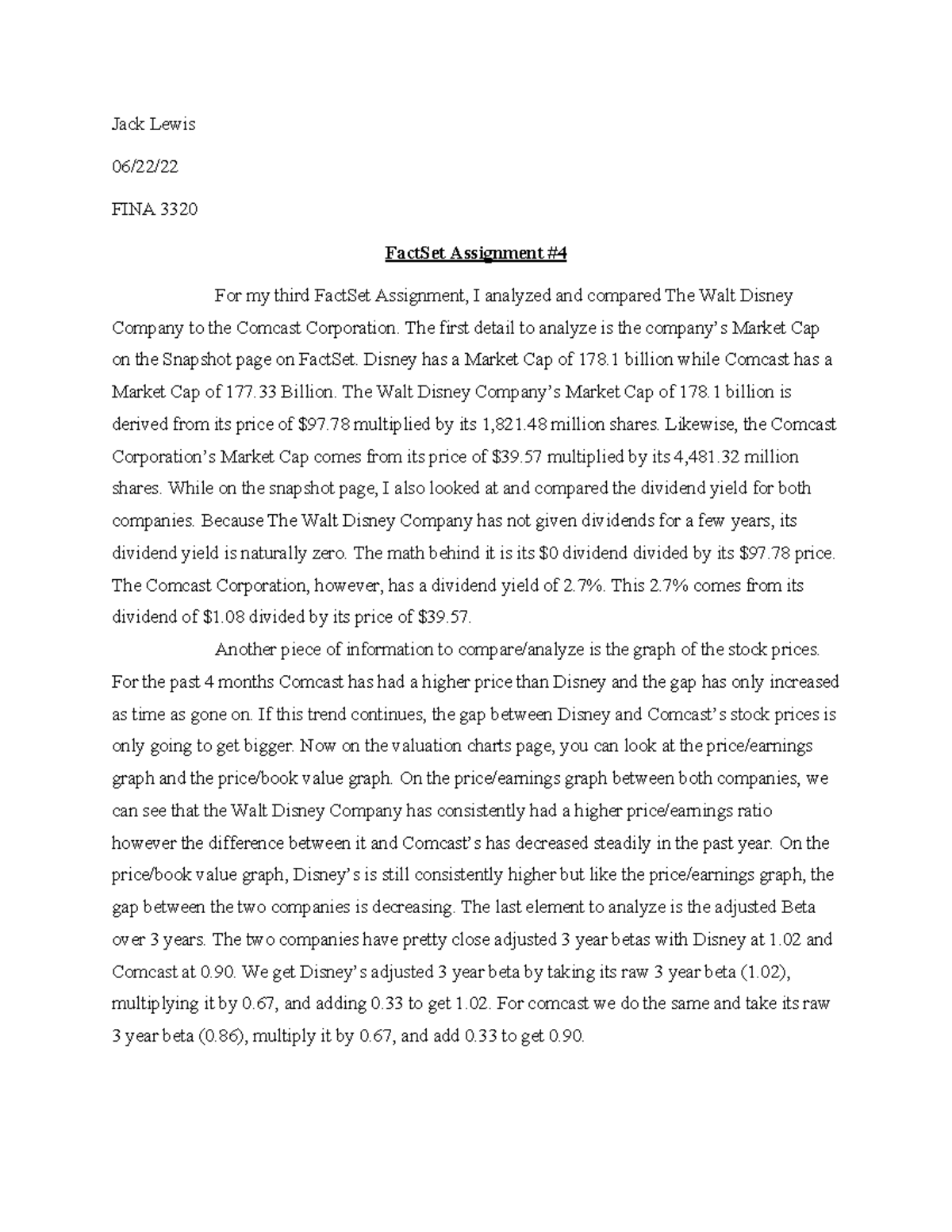 Factset Assignment #4 - Jack Lewis 06/22/ FINA 3320 FactSet Assignment # For my third FactSet ...