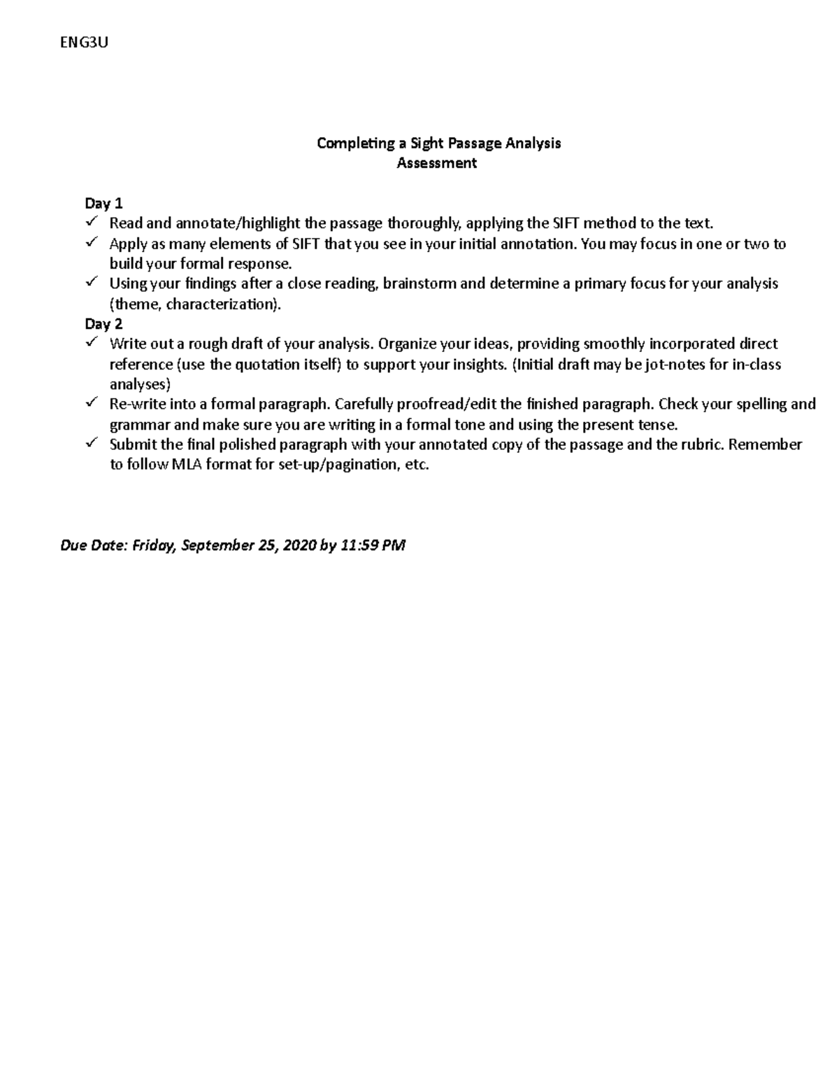 ENG3U Tell Tale Heart Sight Passage SIFT- Assessment - ENG3U Completing ...