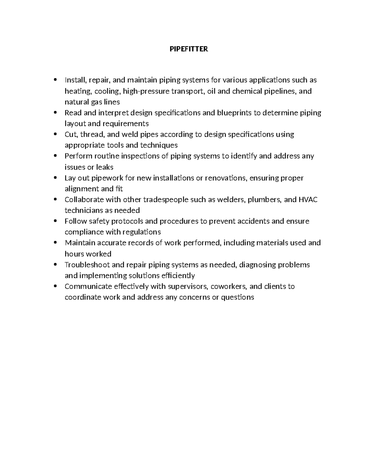 Pipefitter - Job description - PIPEFITTER Install, repair, and maintain ...