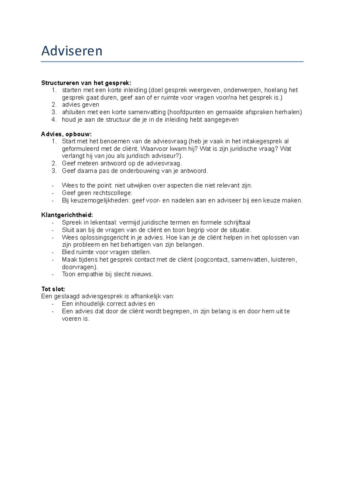 Adviseren - College-aantekening 1-7 - Adviseren Structureren van het ...