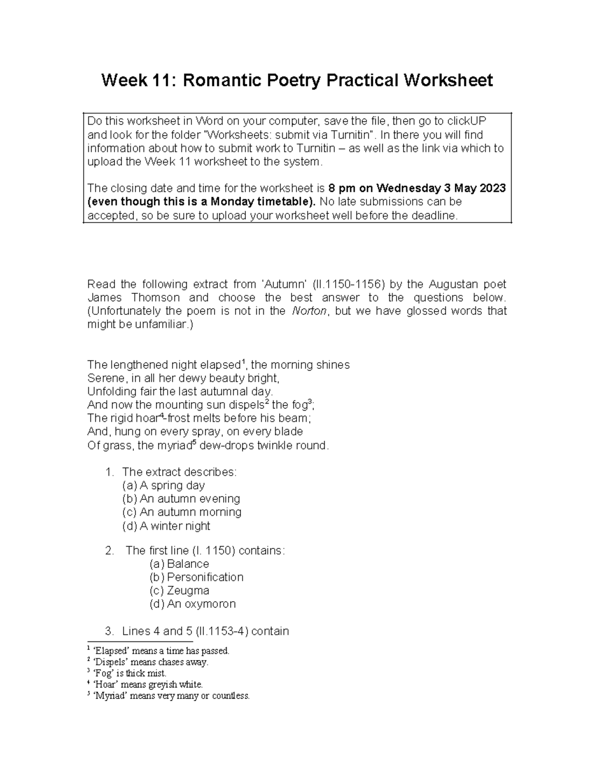 Week 11 practical worksheet Romantic and Augustan poetry - Week 11 ...