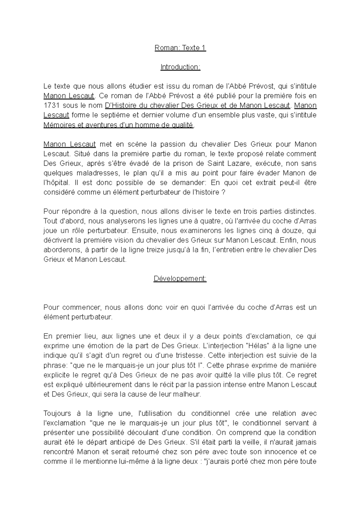 Analyse linéaire- Manon Lescaut - Roman: Texte 1 Introduction: Le texte ...