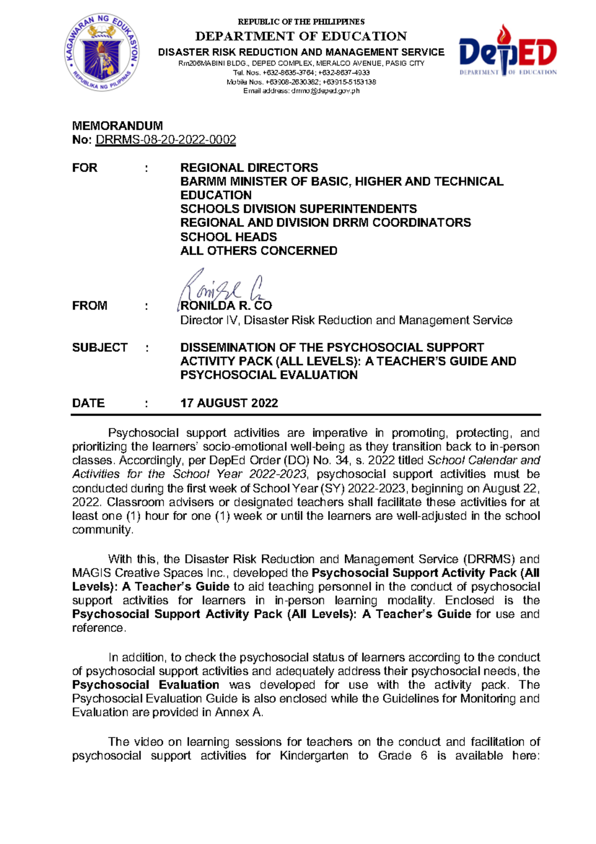 04 AAB Drrms Memo Dissemination of PSAP All Level for SY 22-23 20220820 2137H - REPUBLIC OF THE ...
