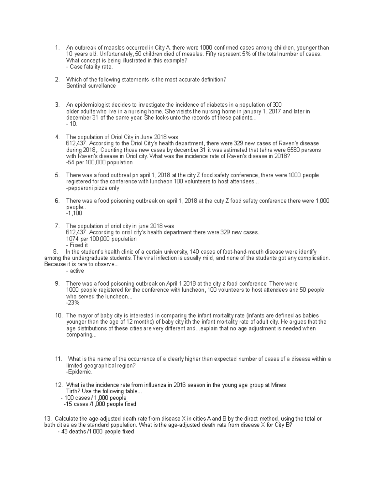 Epidemiology Quiz 2 - Prevalence rate calculation - An outbreak of ...