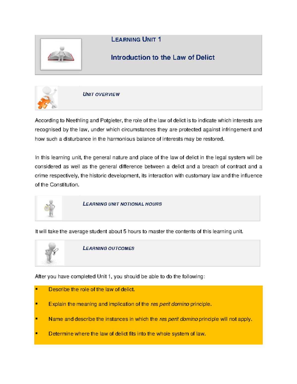 Learning Unit 1 - Assignment mandatory - LEARNING UNIT 1 Introduction to the Law of Delict UNIT ...