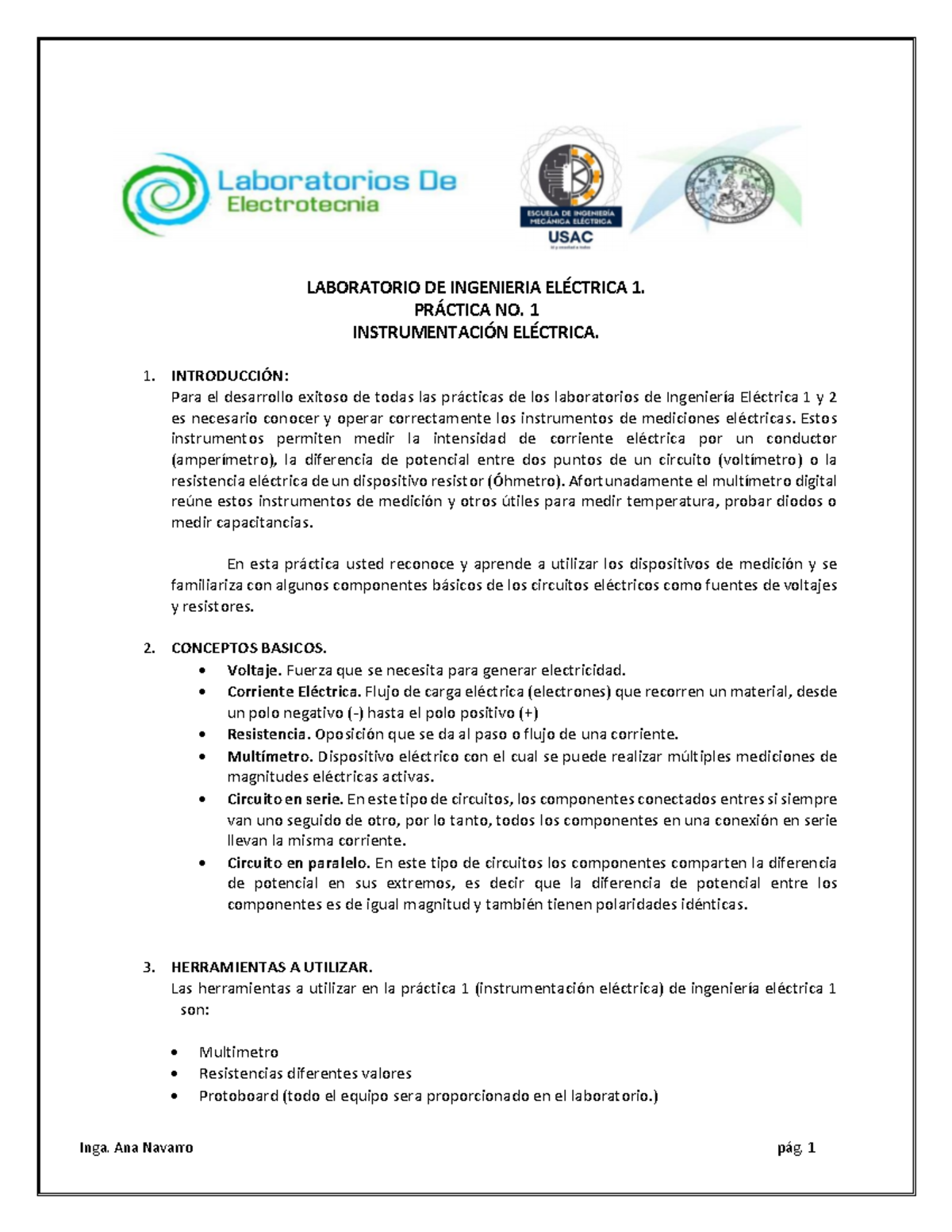 Practica 1 - LABORATORIO DE INGENIERIA ELÉCTRICA 1. PRÁCTICA NO. 1 INSTRUMENTACIÓN ELÉCTRICA. 1 ...