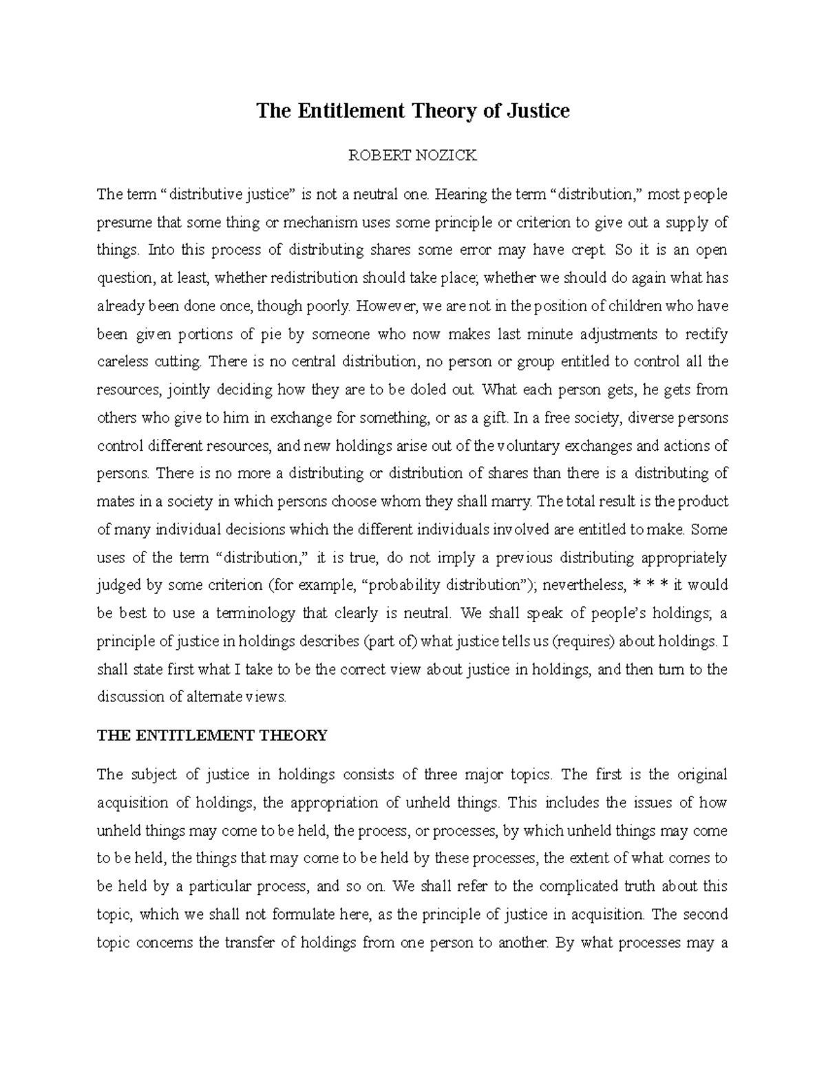 The Entitlement Theory of Justice - Hearing the term “distribution ...