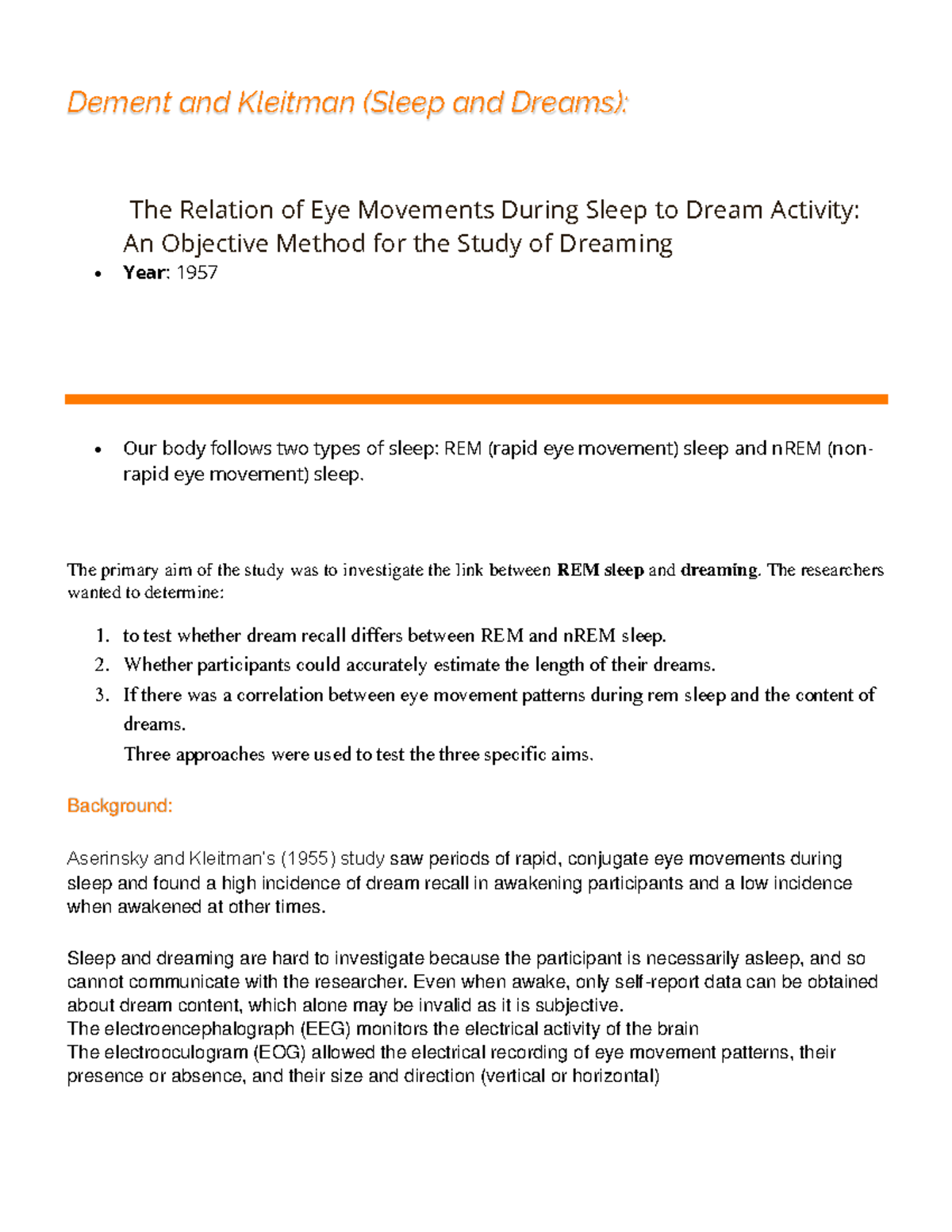 Dement and Kleitman - Summary Psychology - Dement and Kleitman (Sleep ...