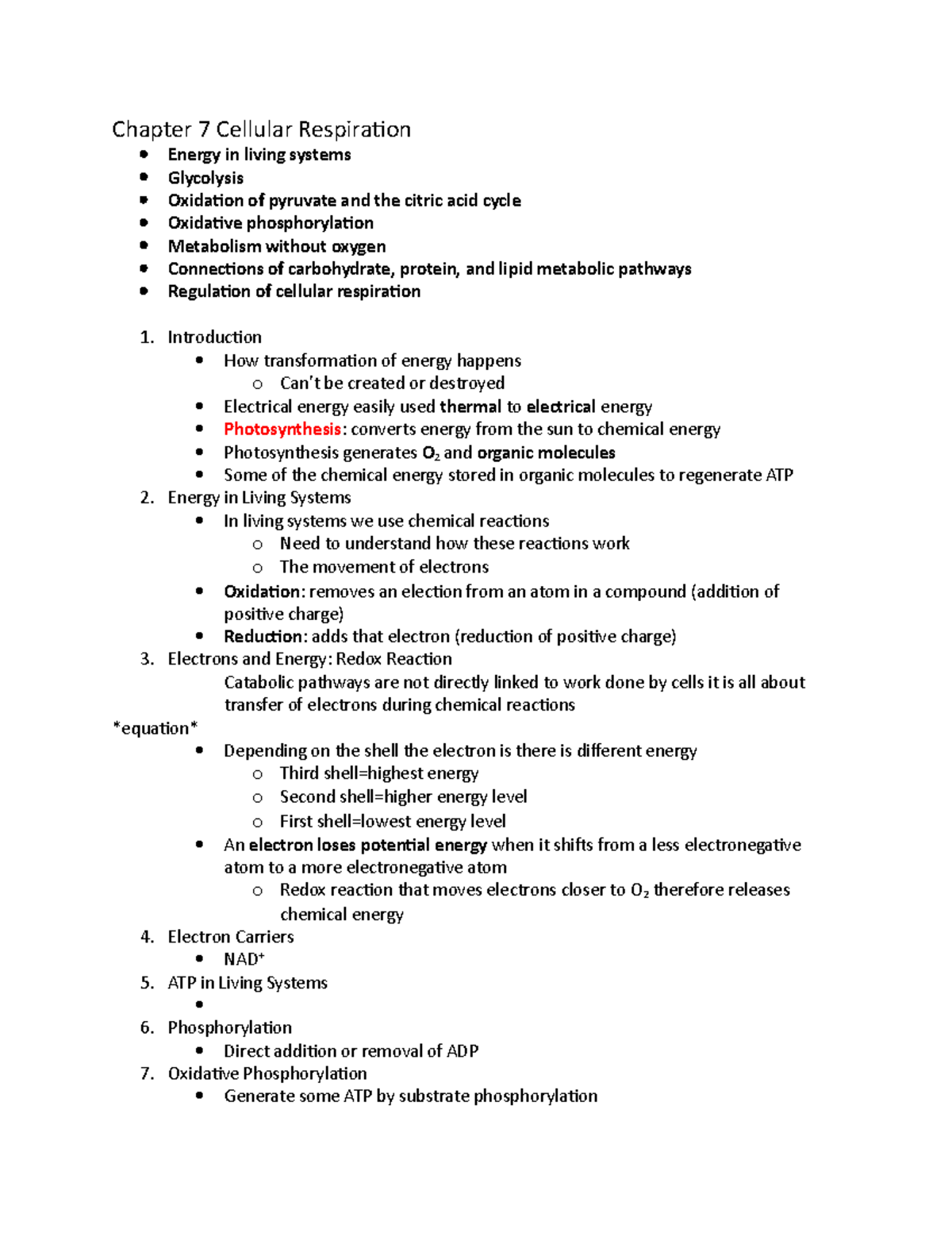 Ch. 7 Cellular Respiration (In Class) - Chapter 7 Cellular Respiration ...