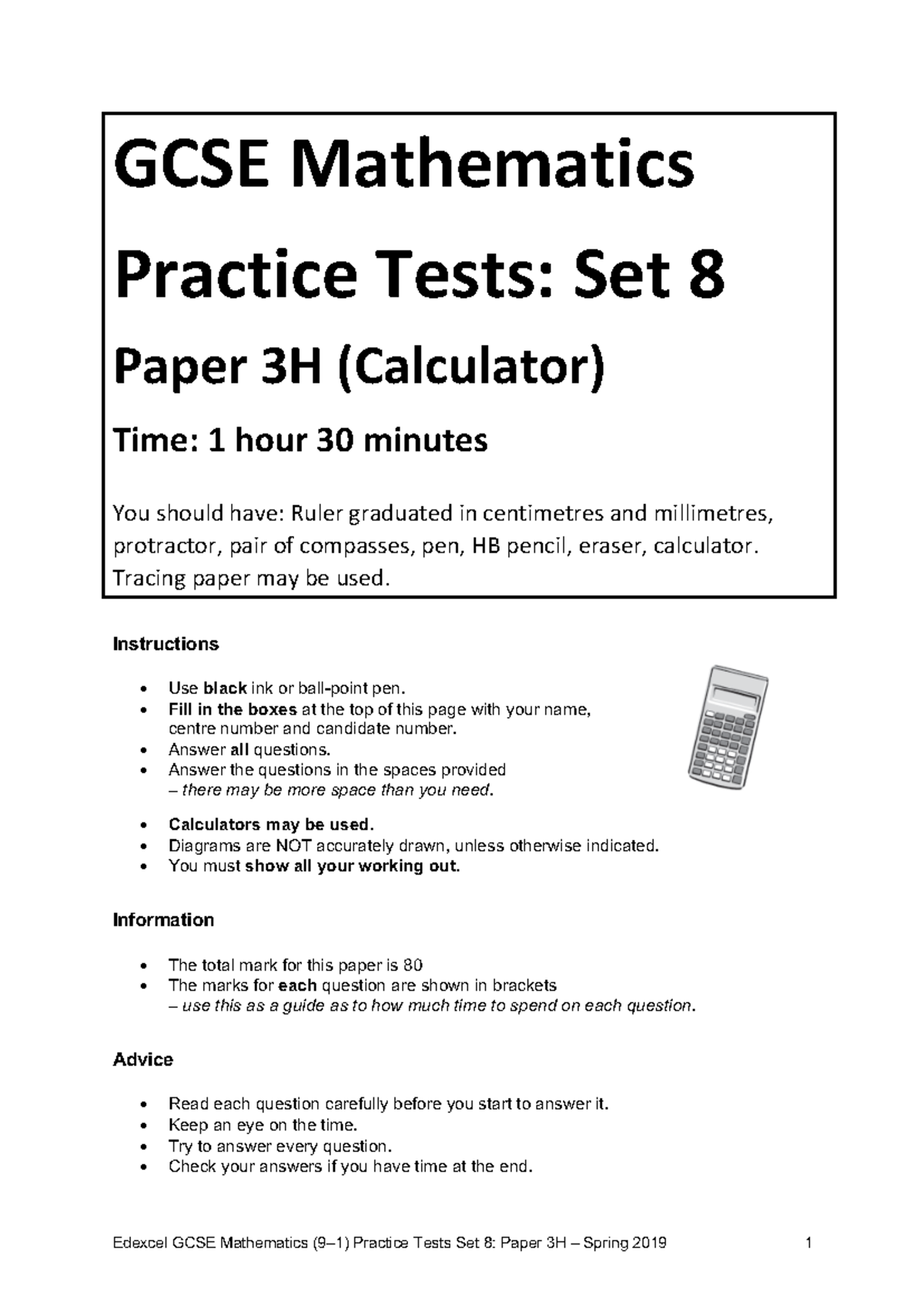 Practice 8 Practice Tests Set 8 - Paper 3H - Edexcel GCSE Mathematics ...