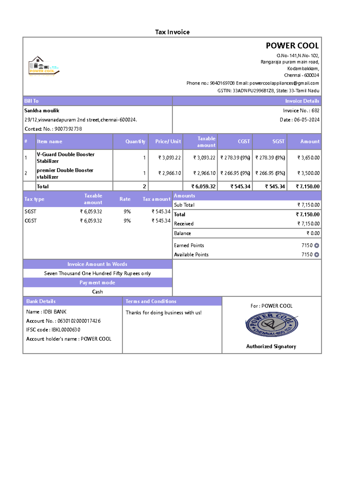 invoicing materials - For : POWER COOL Authorized Signatory Tax Invoice ...