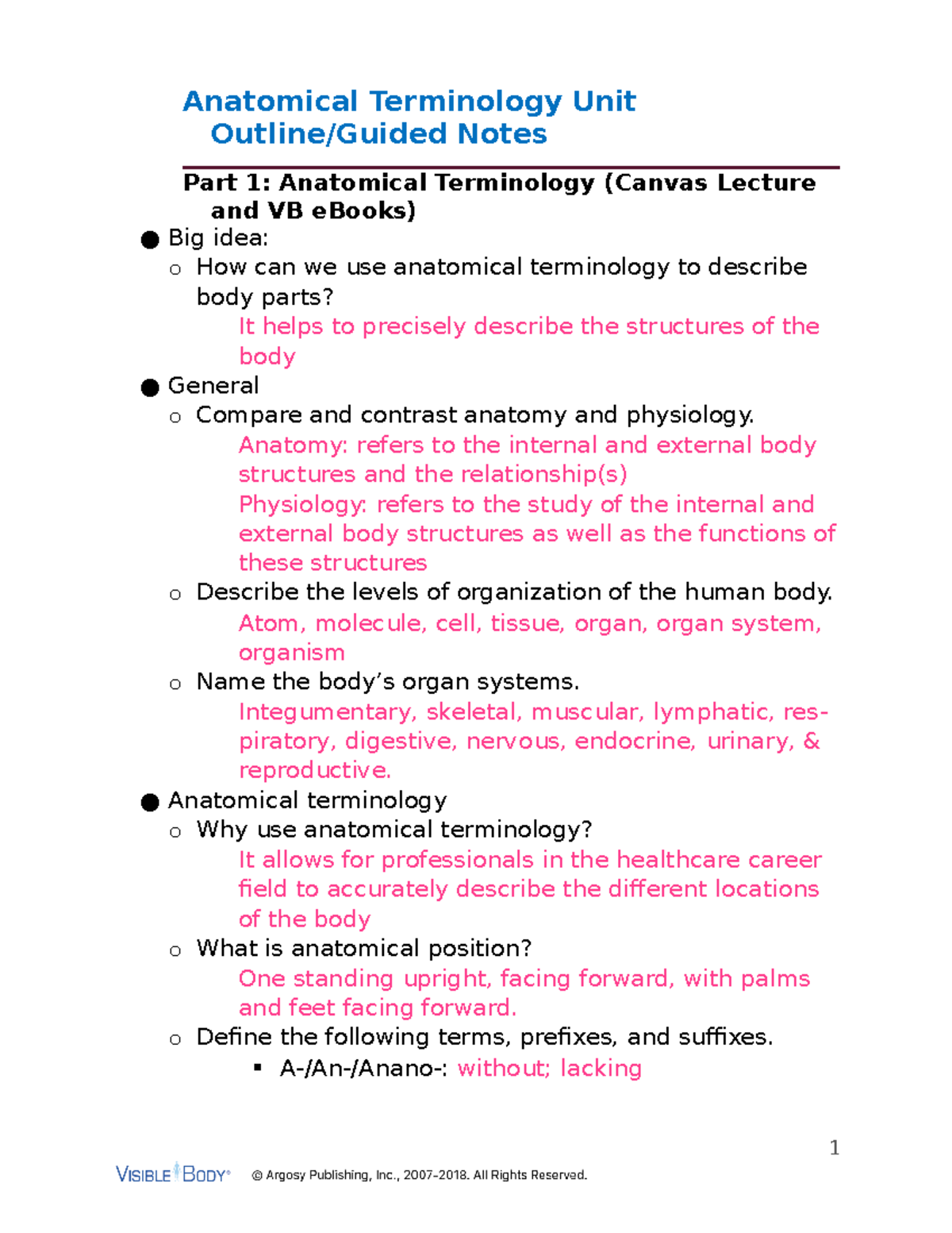 2023 ZOOL 2011 .17 - Anatomical Terminology Guided Outline Note ...