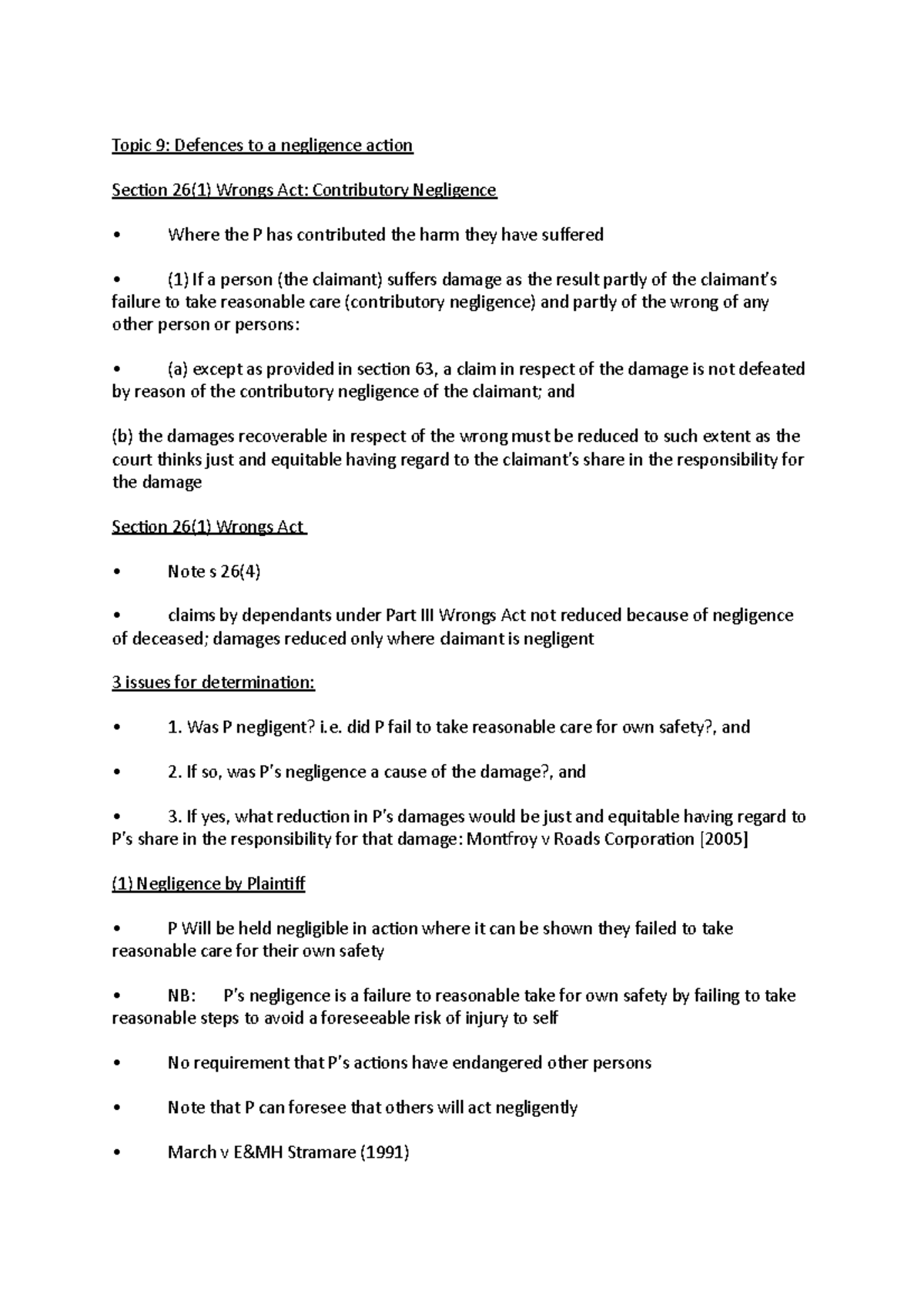 Topic 9-11 - lectures 9-11 - Topic 9: Defences to a negligence action ...