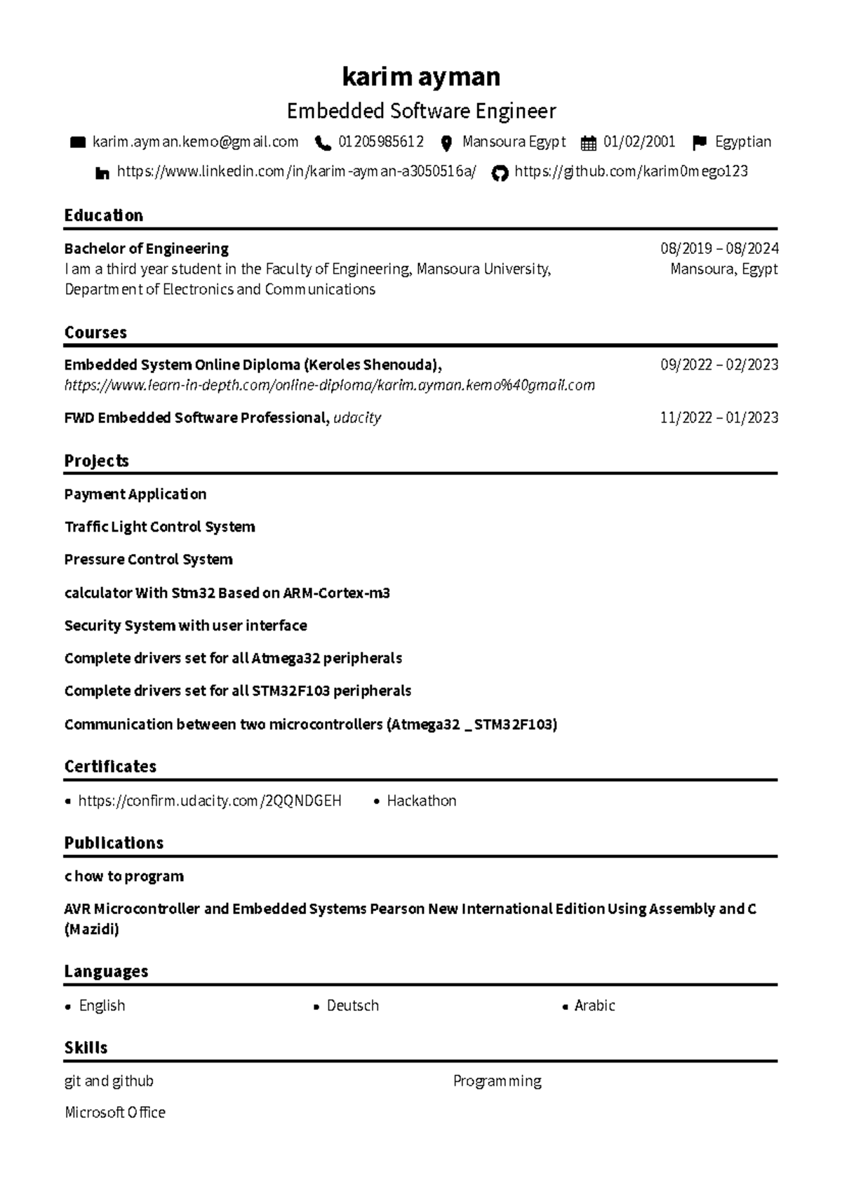 CV - nomksmdfknmfsknjksndfjknsjkdnjkldskksdddsdsf - karim ayman Embedded Software Engineer - Studocu