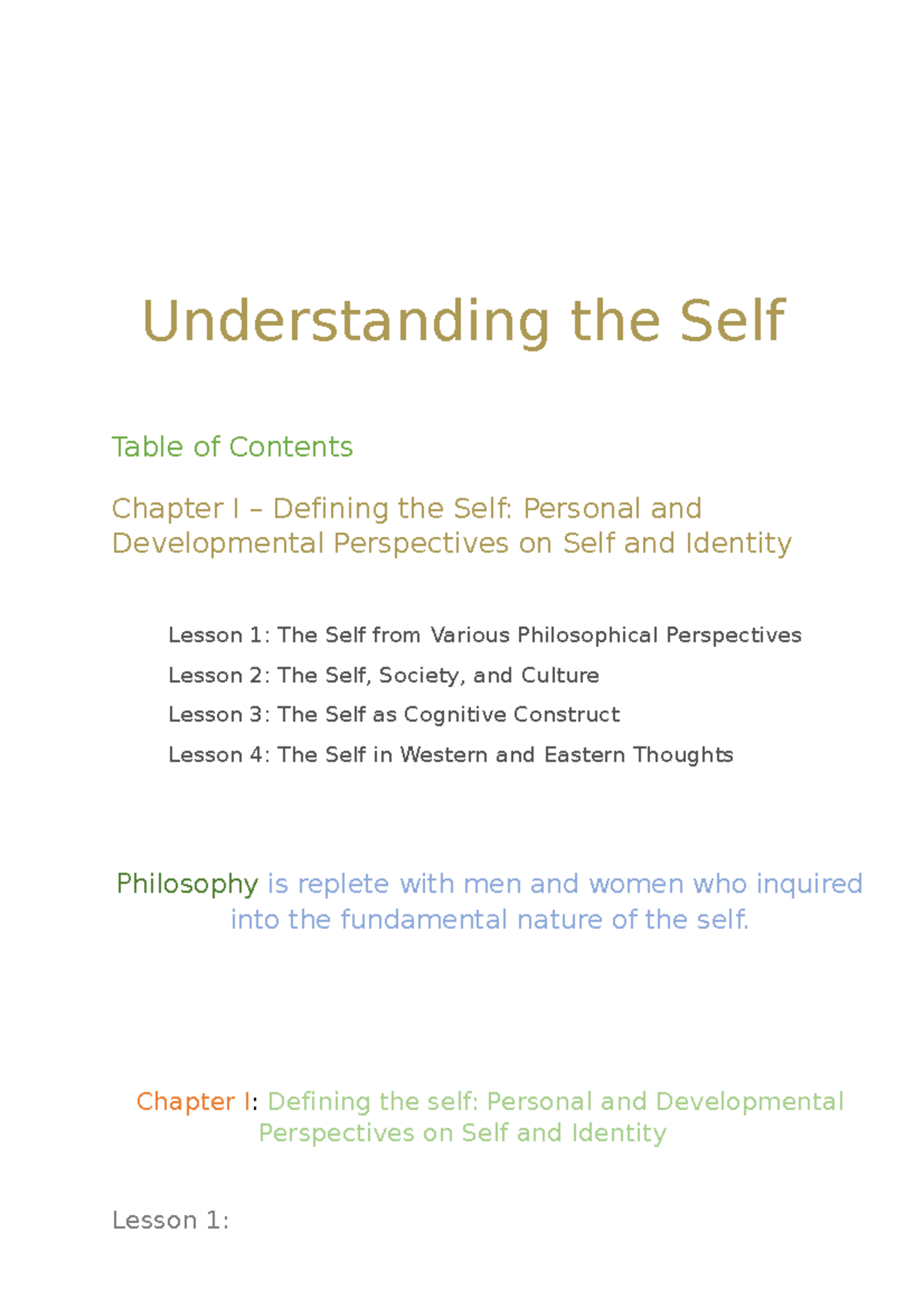 Understanding the Self - Understanding the Self Table of Contents ...