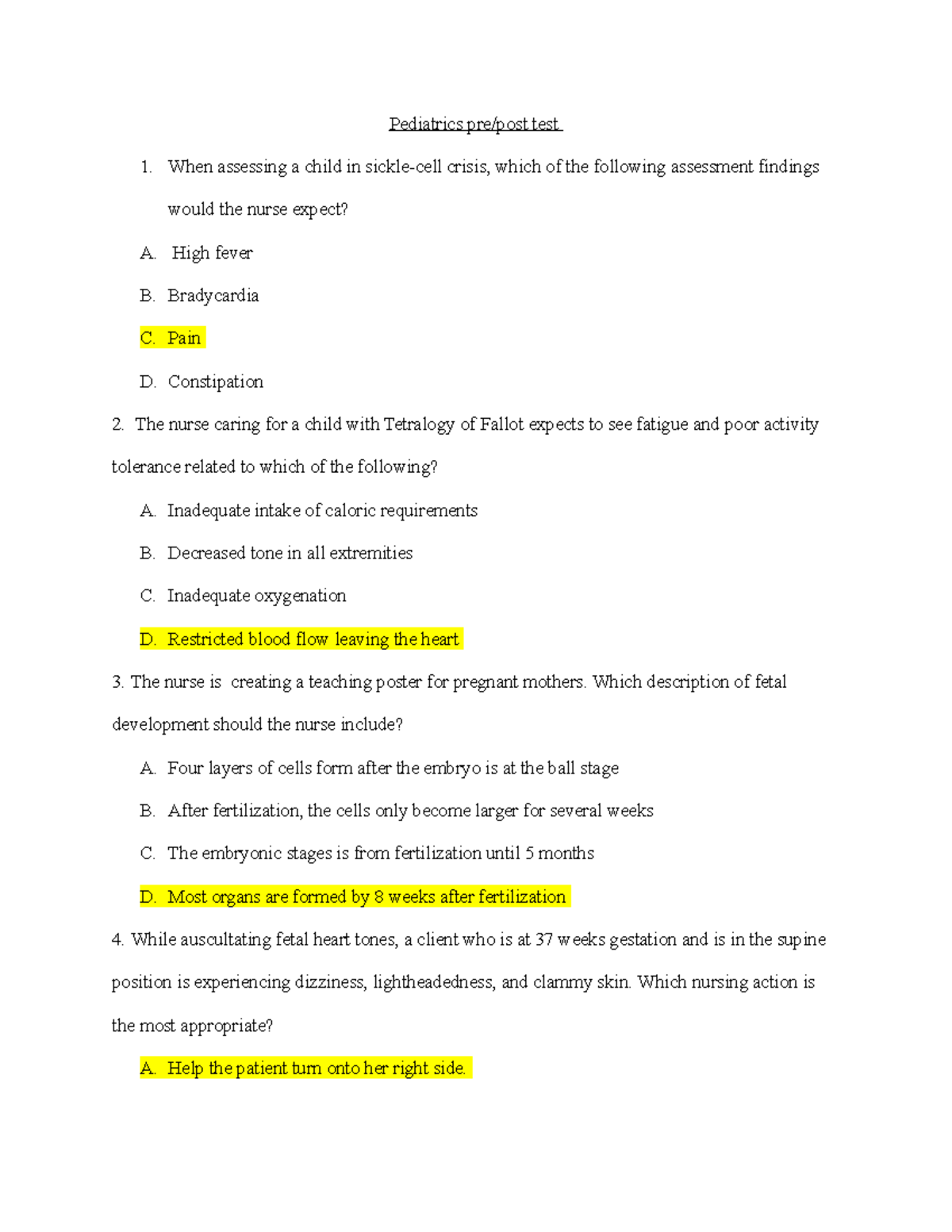 Pediatrics Pre post test Online (1) - Pediatrics pre/post test When ...