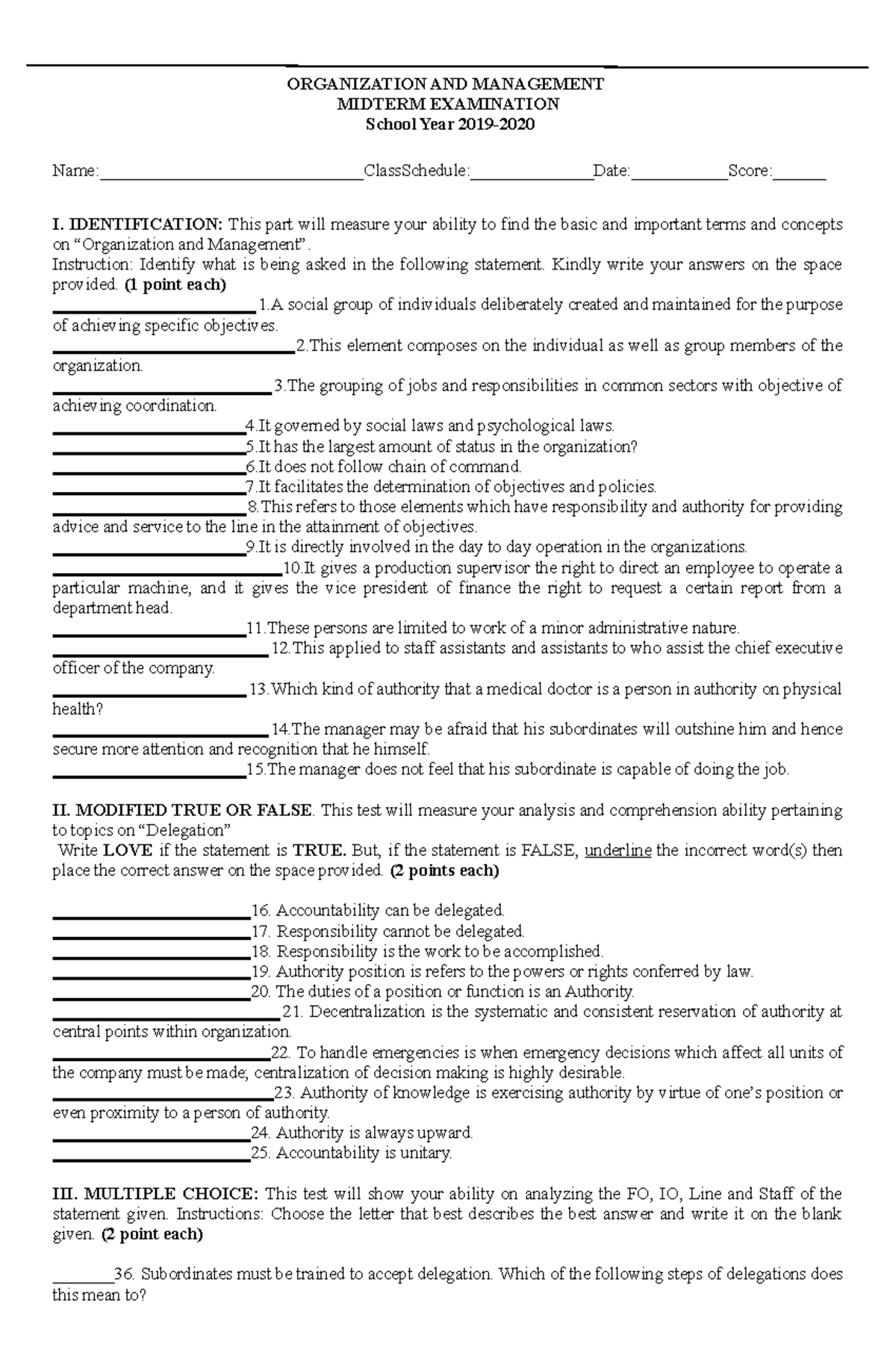 Organization and Management - ORGANIZATION AND MANAGEMENT MIDTERM ...