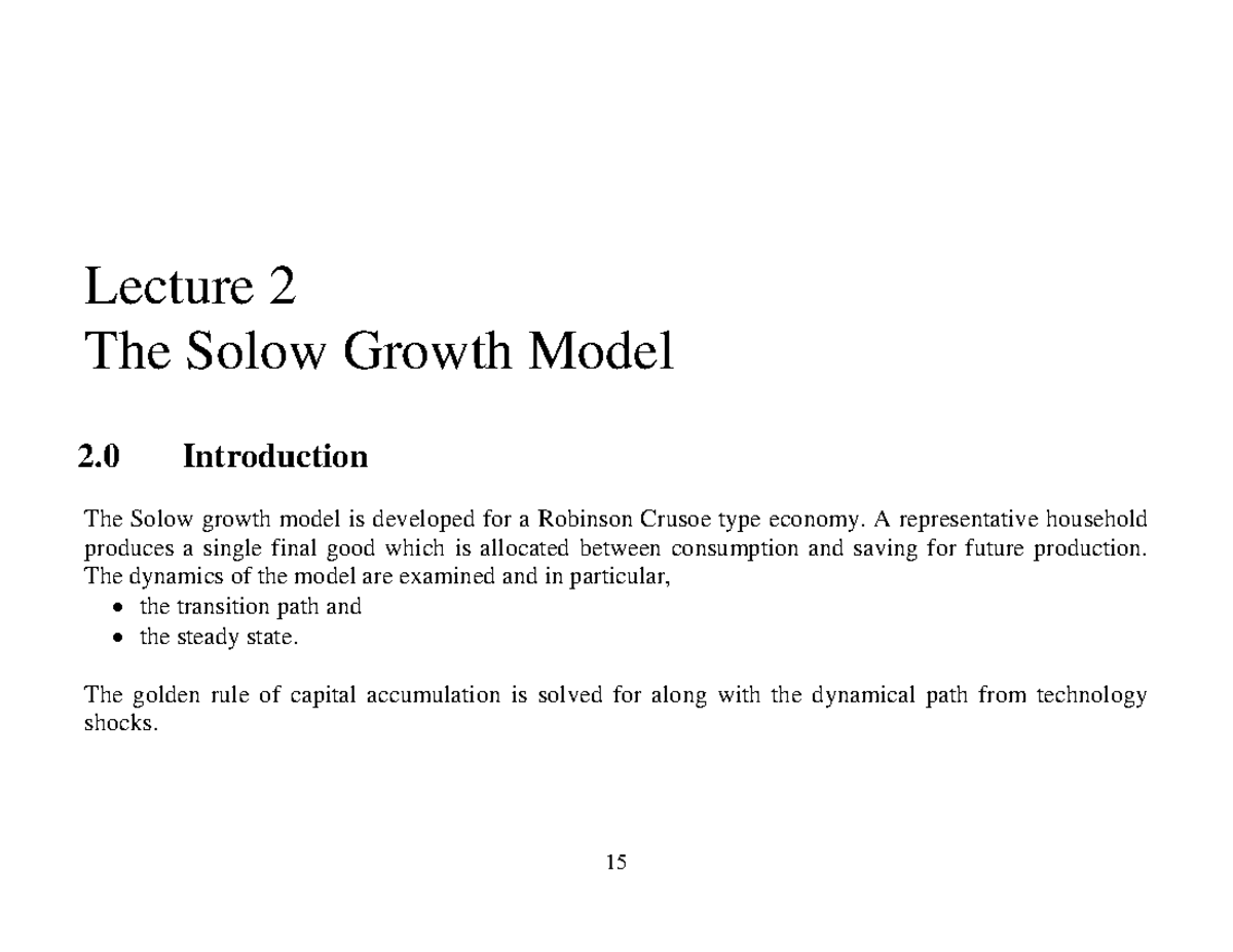 Montana Uni - Solow Model Lec - Lecture 2 The Solow Growth Model 2 ...