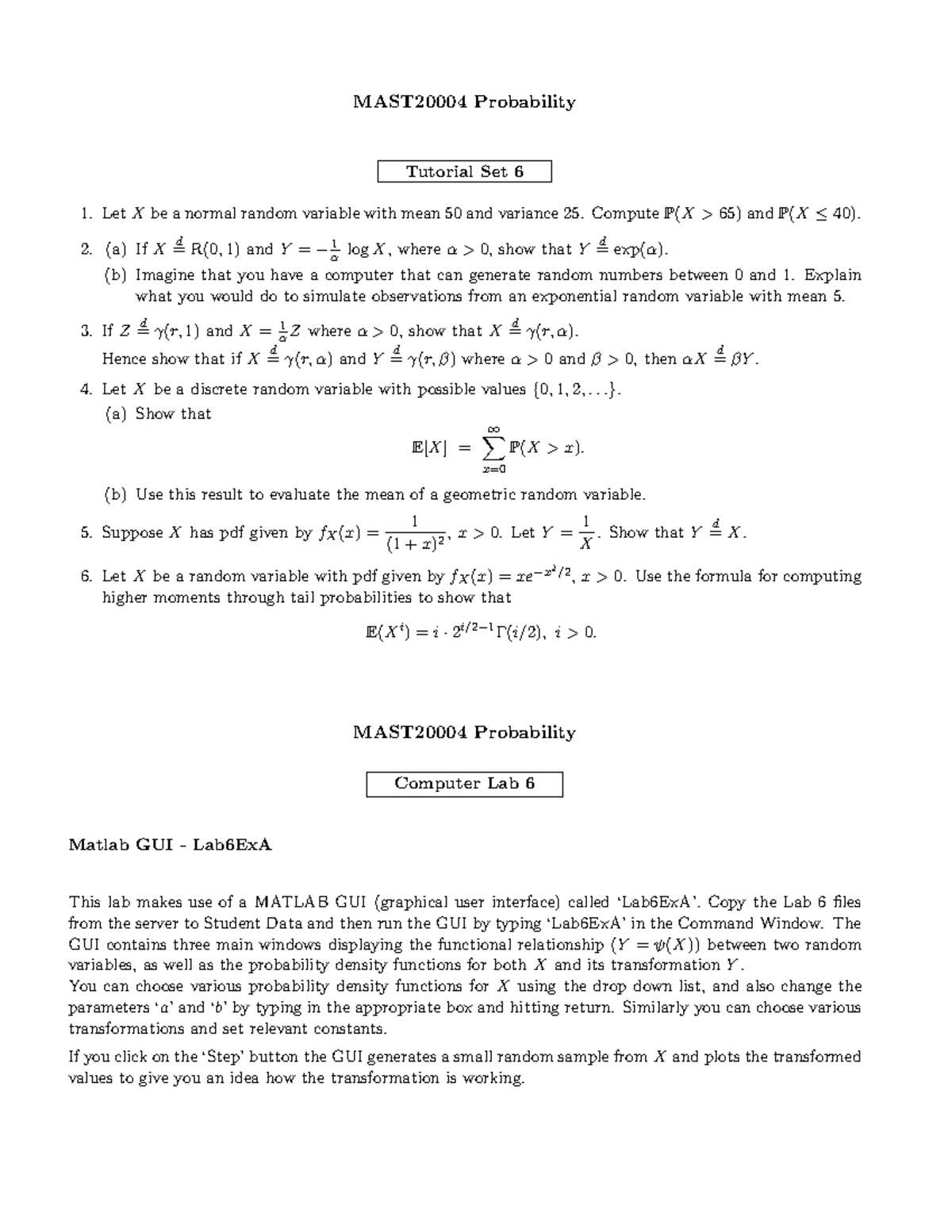 TL6 Questions for tutorial - MAST20004 Probability Tutorial Set 6 1 ...