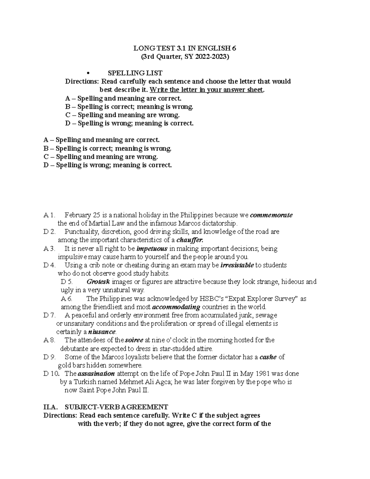E. LONG TEST 3 - hope this helps - LONG TEST 3 IN ENGLISH 6 (3rd ...