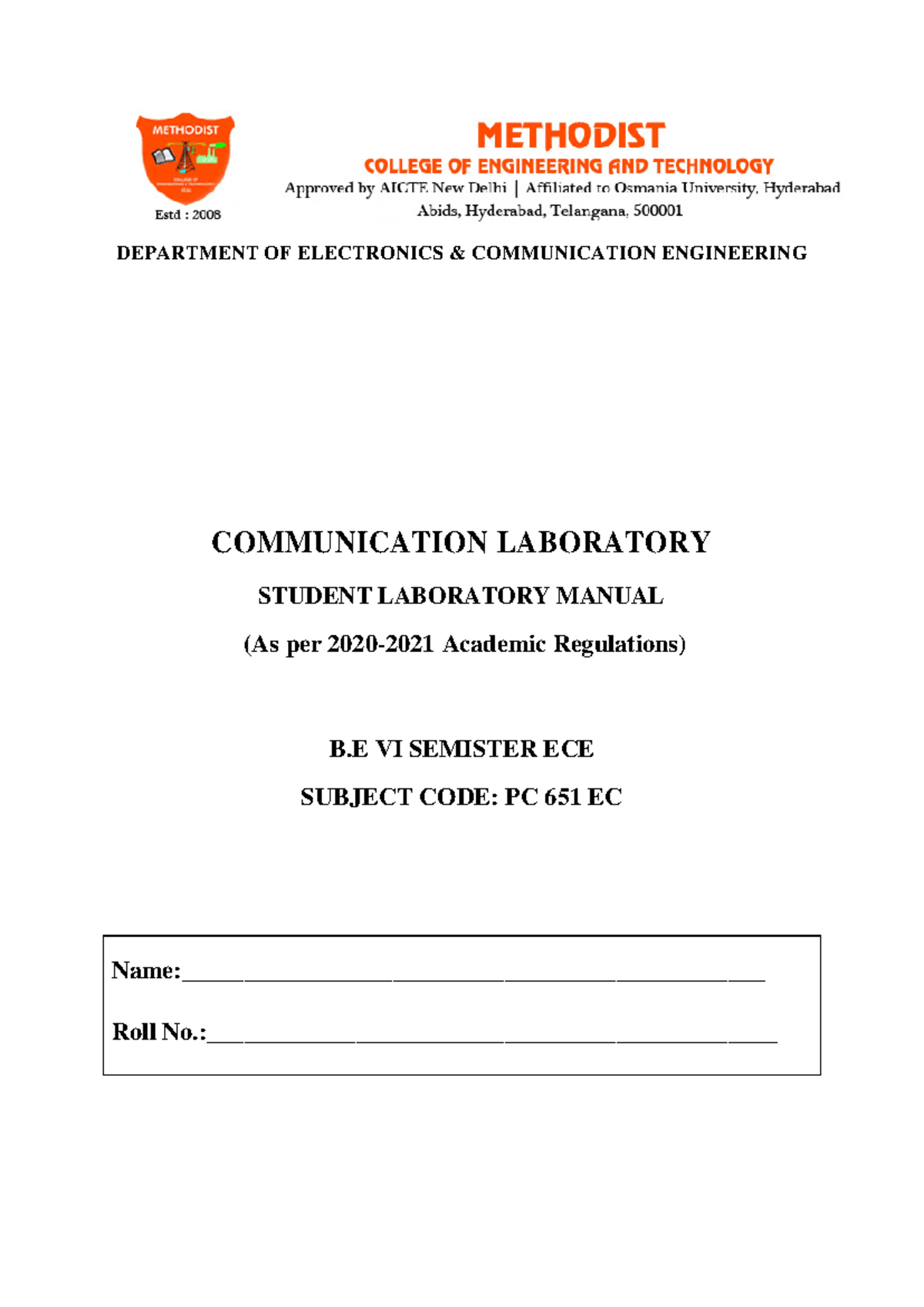Communication Lab Manual - DEPARTMENT OF ELECTRONICS & COMMUNICATION ENGINEERING COMMUNICATION ...