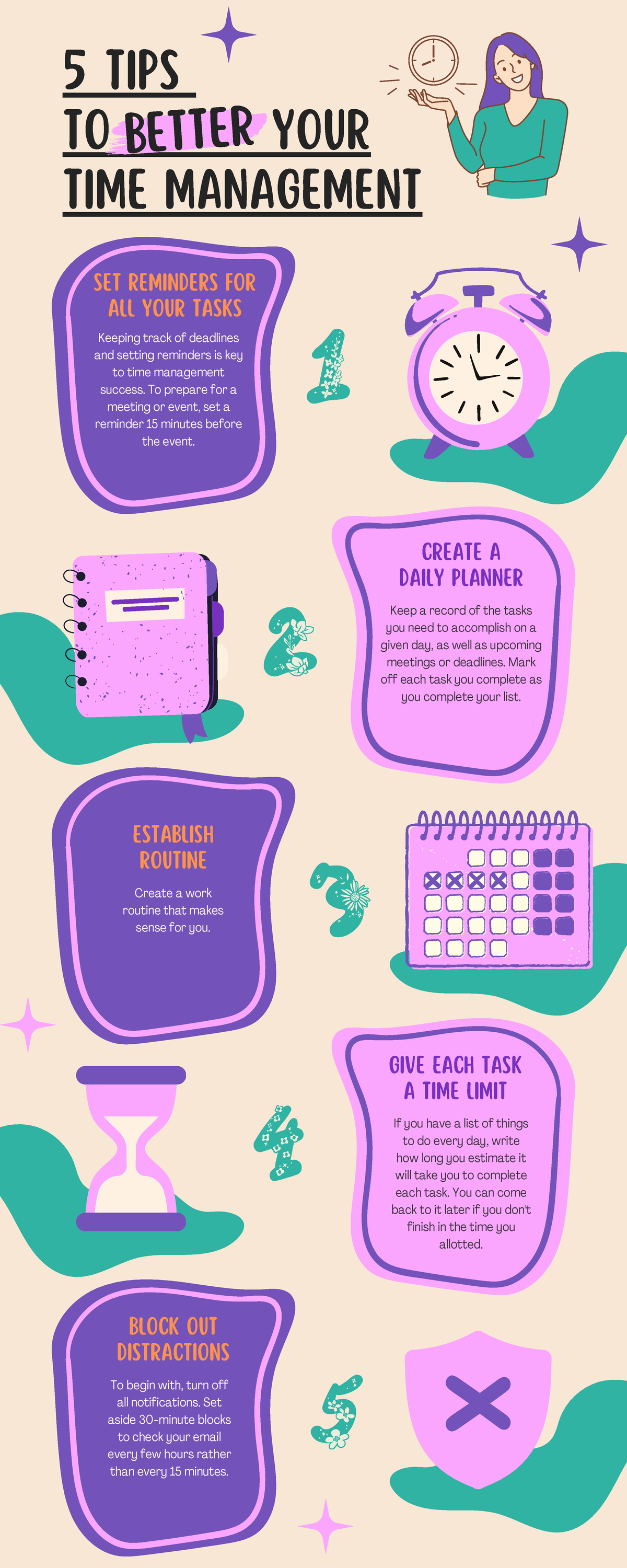 Time Management Poster - CREATE A DAILY PLANNER 5 TIPS TO YOUR TIME MANAGEMENT BETTER ESTABLISH ...