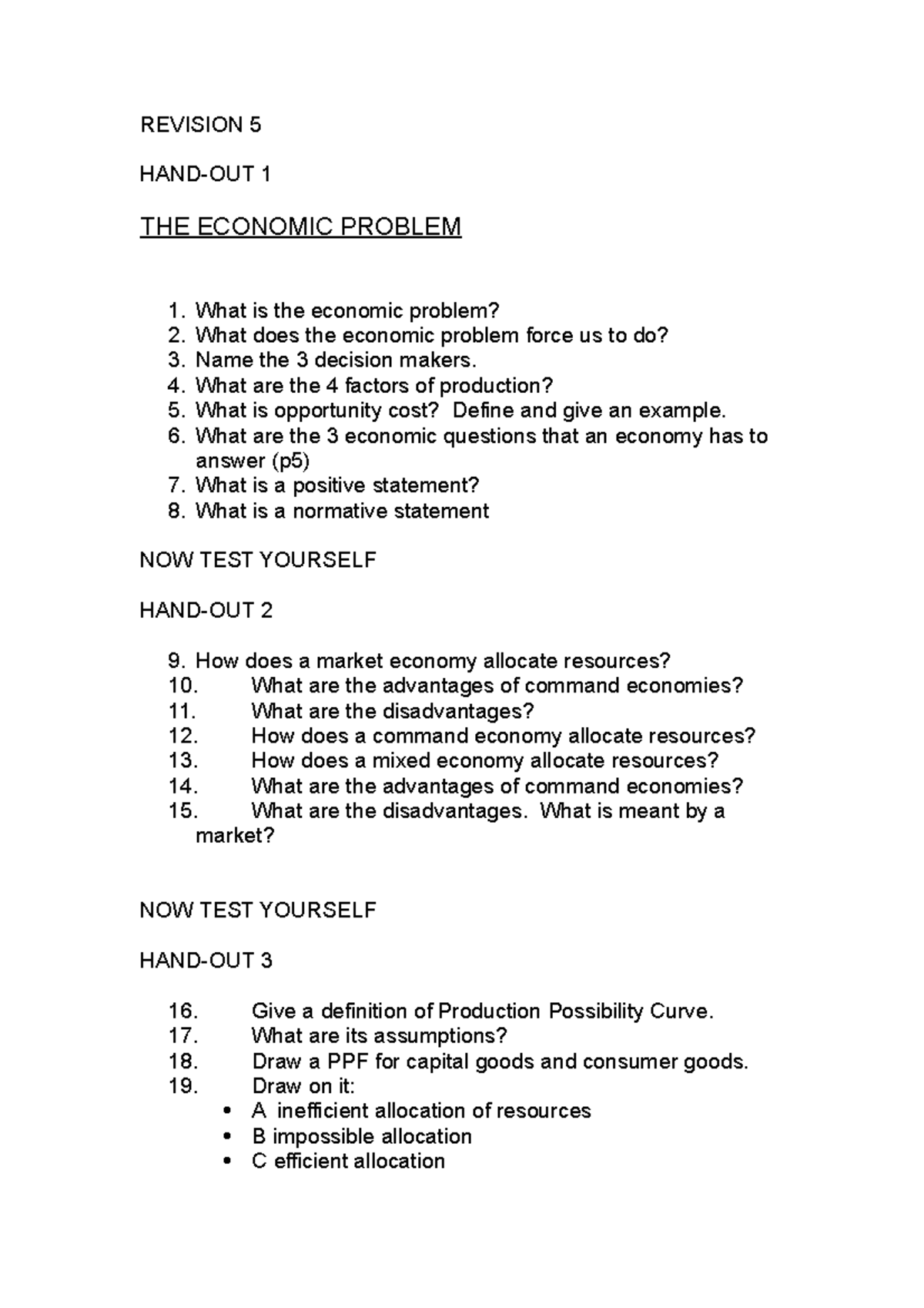 Revision 5 Unit 1 - REVISION 5 1 THE ECONOMIC PROBLEM 1. 2. 3. 4. 5. 6 ...