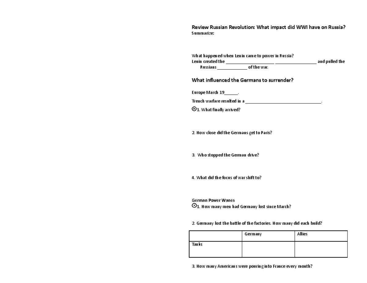 D1 and D2 End of the War notes 2023 PLC - Review Russian Revolution ...