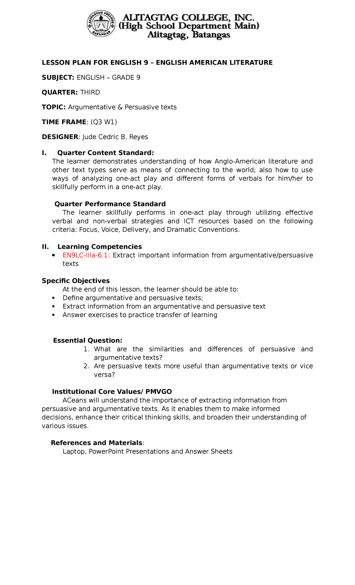 Lesson PLAN FOR English 9 Major 8 - LESSON PLAN FOR ENGLISH 9 – ENGLISH ...