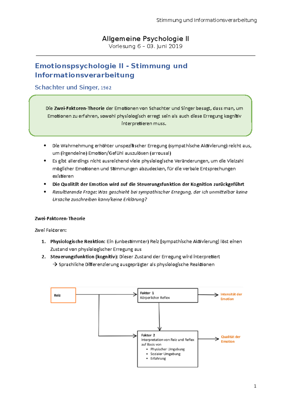 Vorlesung 6 - Emotionspsychologie ll - Allgemeine Psychologie ll Vorlesung 6 – 03. Juni 2019 ...