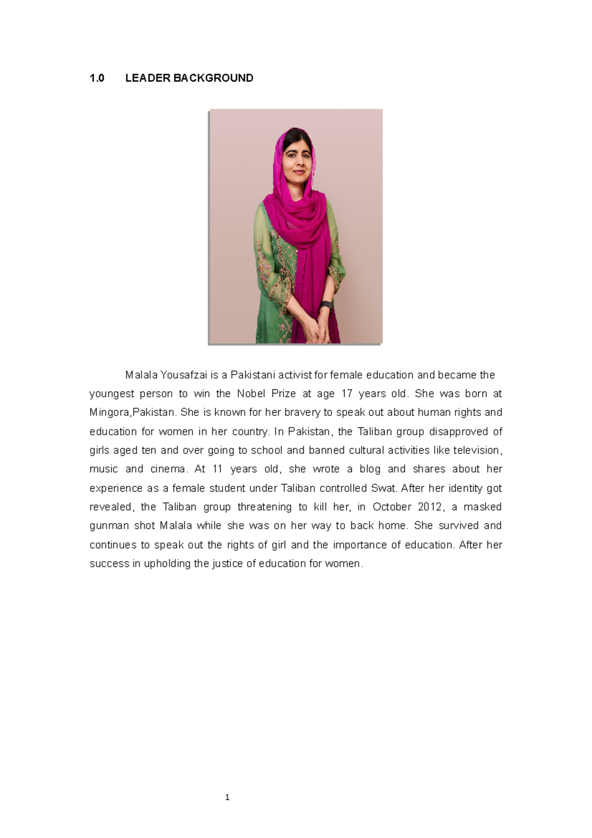 Assignment 'Famous Contemporary Leader' Malala Yousafzai - 1 LEADER ...