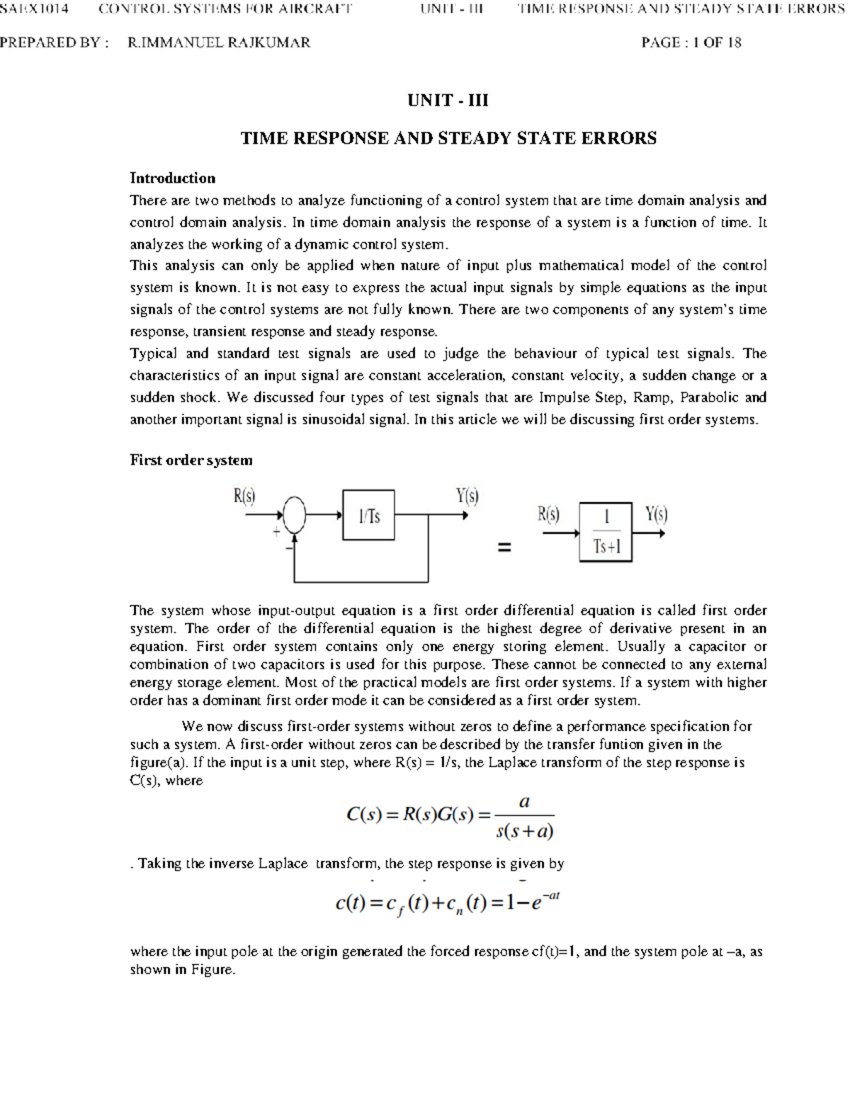 Lec Note Lecture Notes 1 Unit Iii Time Response And Steady State Errors Introduction There
