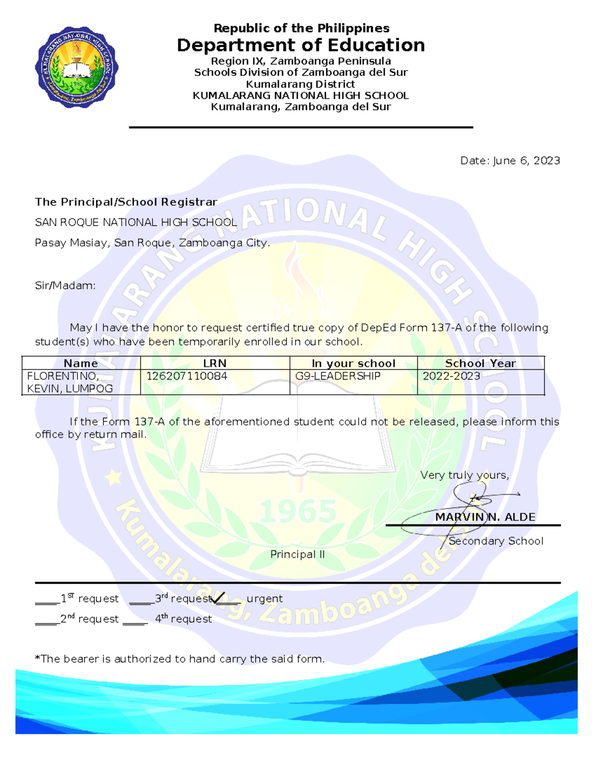 Request letter for sf10 Balan - Date: June 6, 2023 The Principal/School ...