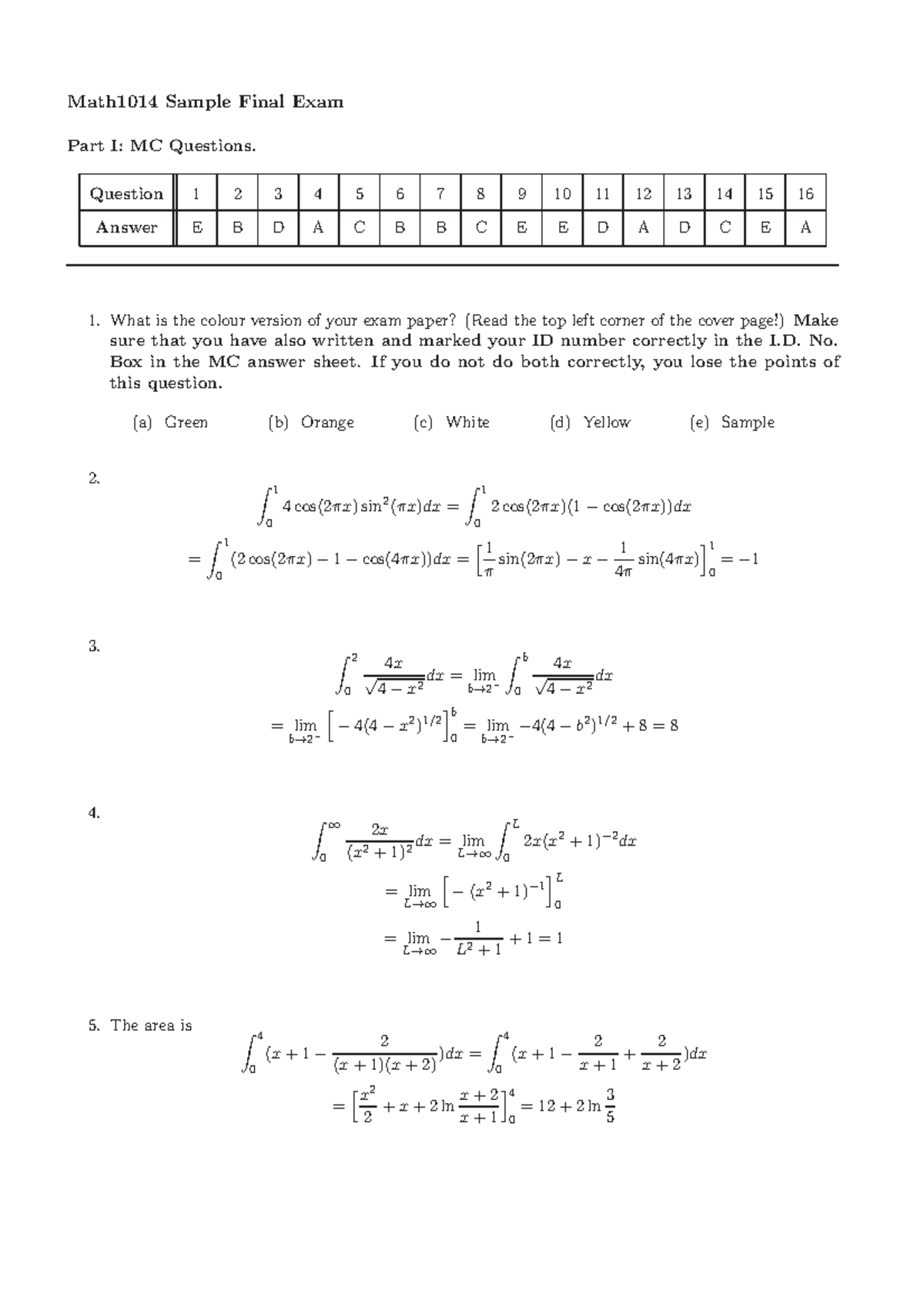 Final 2011, answers - Math1014 Sample Final Exam Part I: MC Questions ...