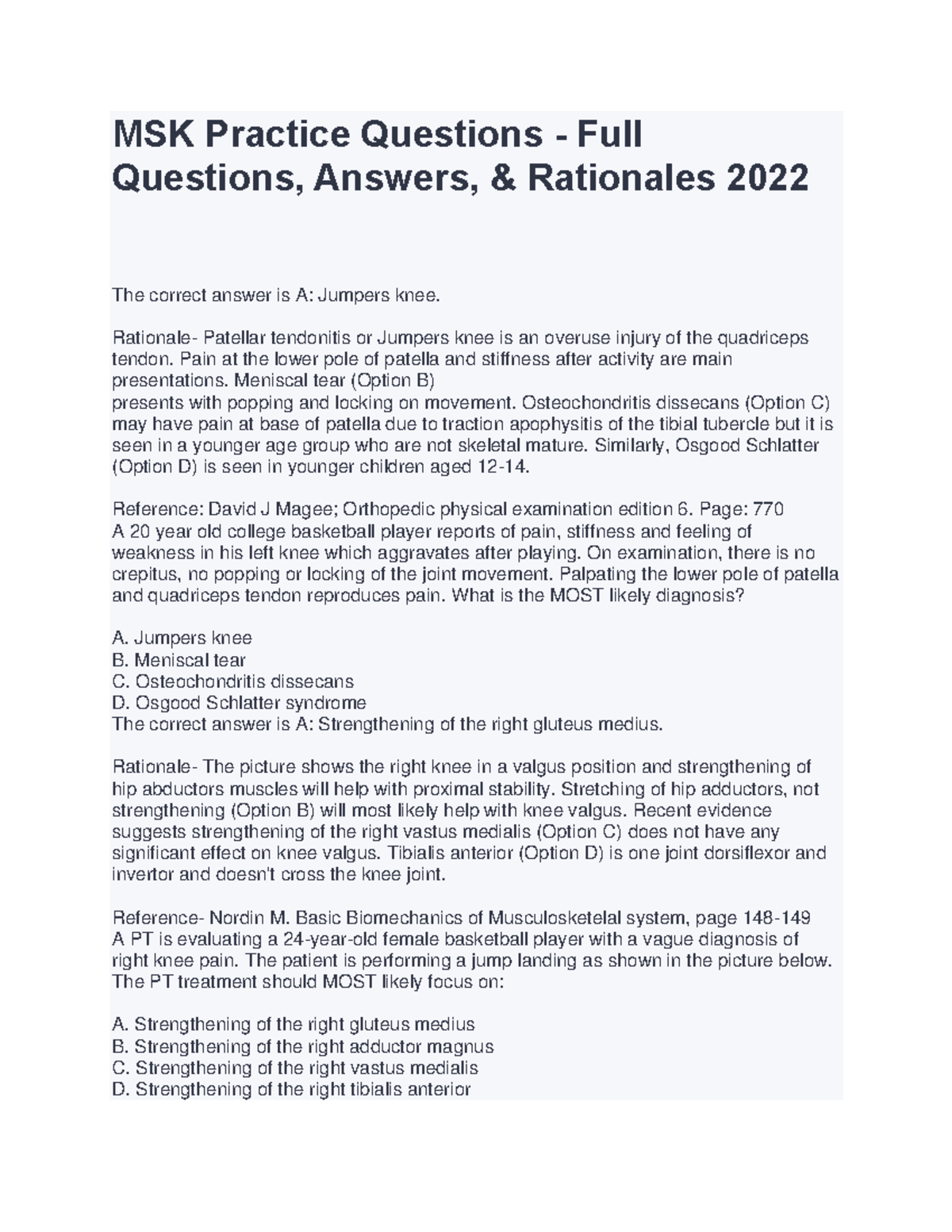 MSK Practice Questions - Rationale- Patellar tendonitis or Jumpers knee ...