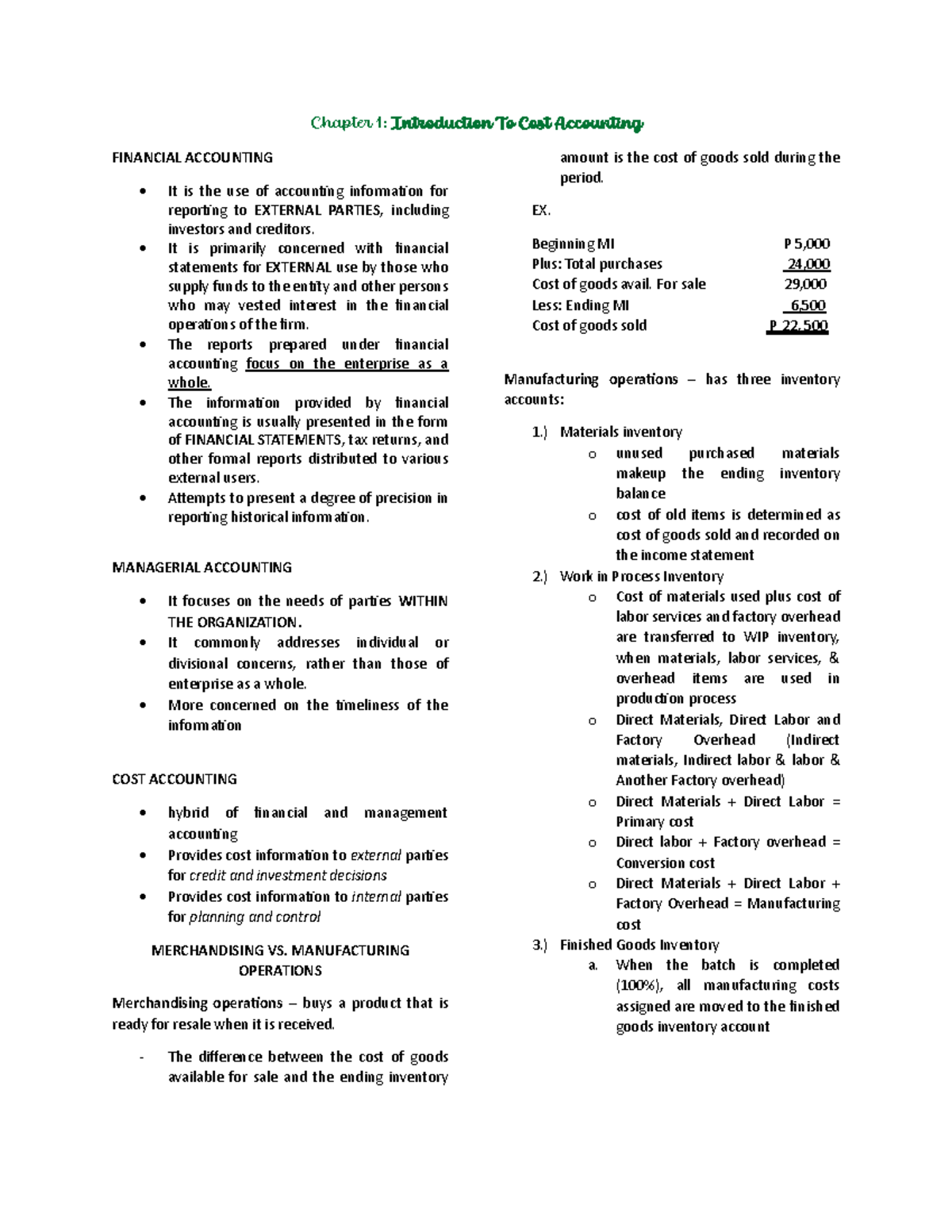 Notes Chapter 1 COST ACC - Chapter 1: Introduction To Cost Accounting ...