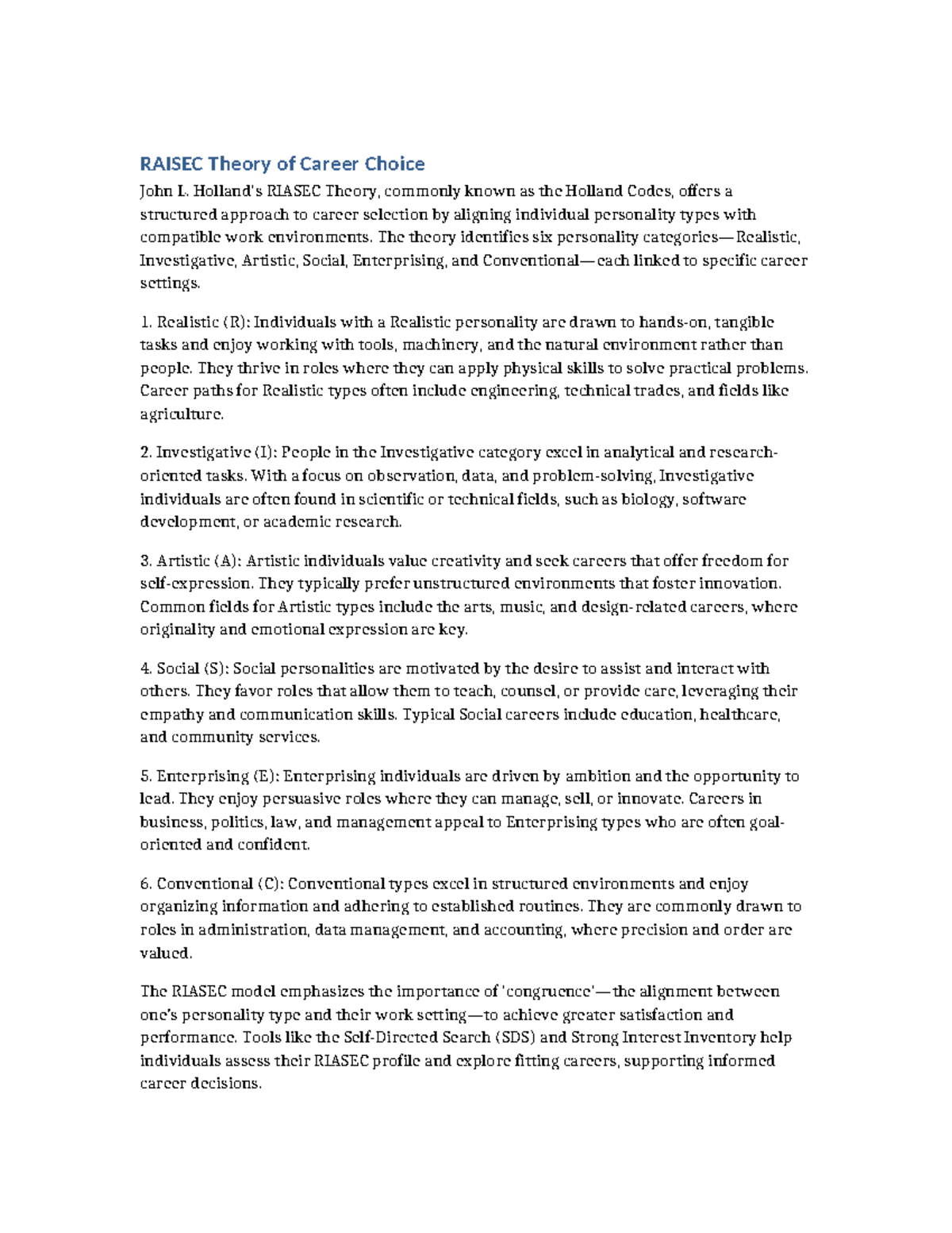 Poe ppt for unit 1 - RAISEC Theory of Career Choice John L. Holland's ...