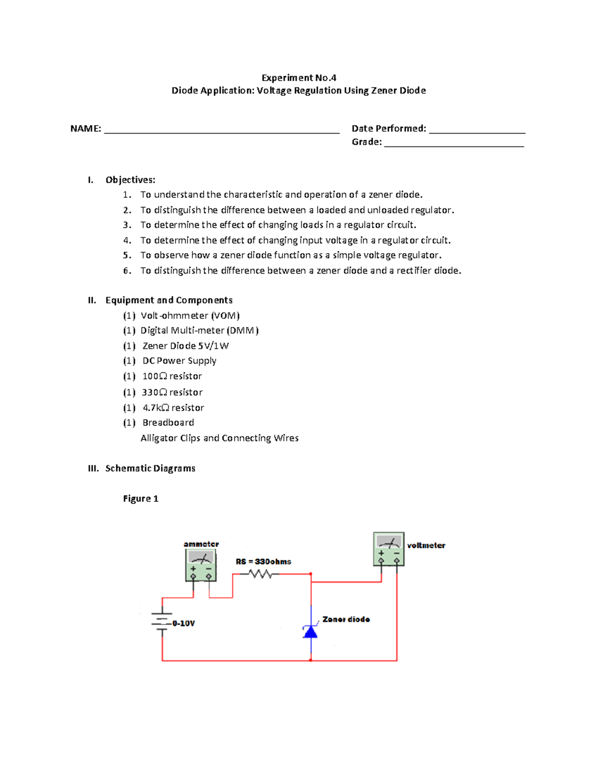 Zener Regulator Experiment - Experiment No. 4 Diode Application: Voltage Regulation Using Zener ...