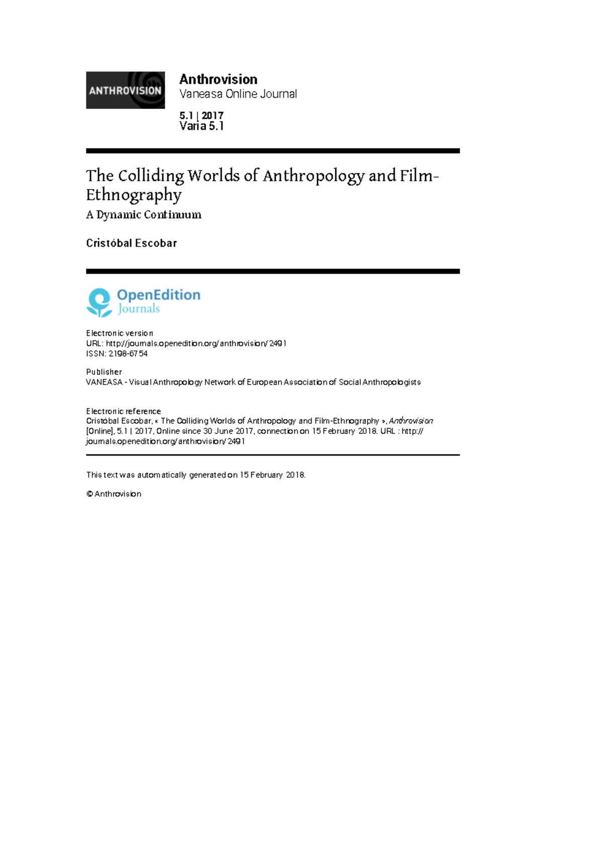 The Colliding Worlds of Anthropology and - Anthrovision ####### Vaneasa Online Journal 5 | 2017 ...