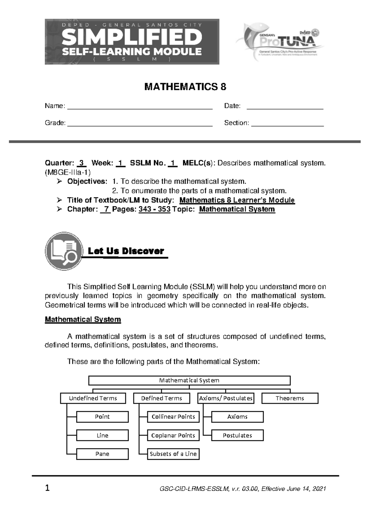 Q3-Math8-SSLM-WEEK1 - math - MATHEMATICS 8 Name ...